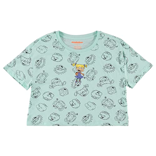 Nickelodeon Ladies 90's Fashion Shirt - Rugrats Angelica and Reptar Allover Crop Top Skimmer Tee (Mint, Small)