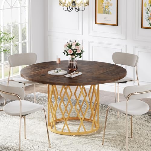 Tribesigns Round Dining Table for 4 People, Circle Dining Room Table with Metal Base, 47.2 Inch Round Kitchen Dinner Table for Living Room Kitchen Dining Room (Gold and Brown)
