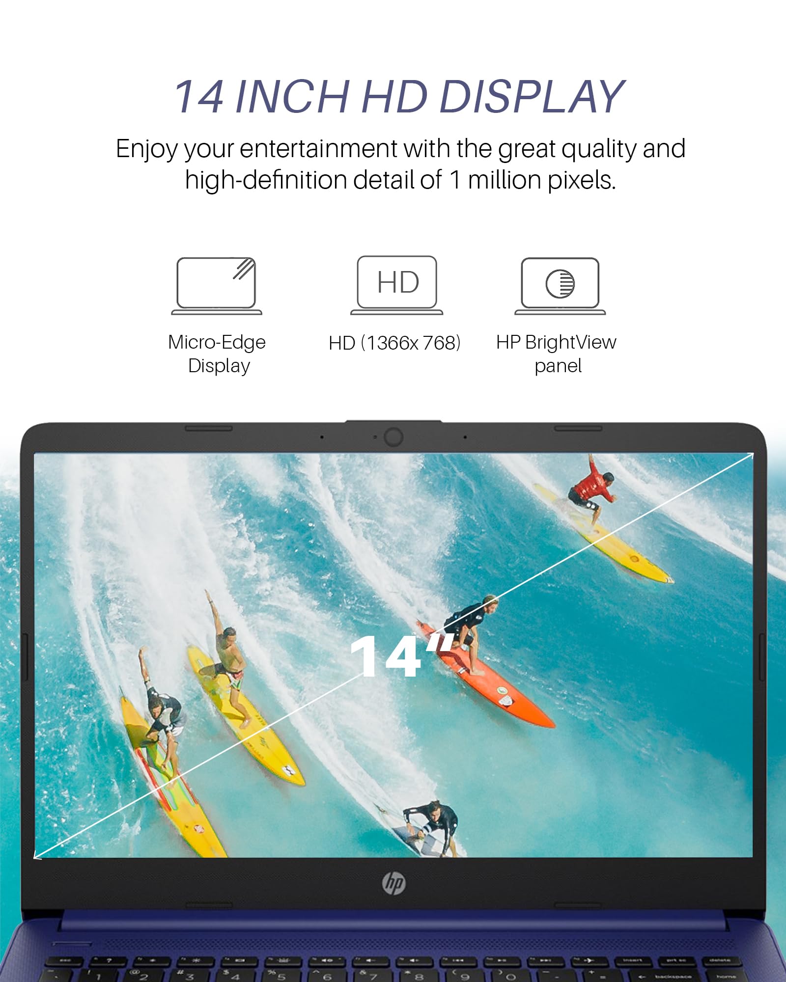 HP 2023 Newest 14 Inch Laptop Students Business, Intel Quad-Core Processor, 8GB RAM, 192GB Storage(64GB eMMC+128GB Micro SD), 12H Battery Life, Webcam, HDMI, WiFi, Win 11 S, Bundle with JAWFOAL