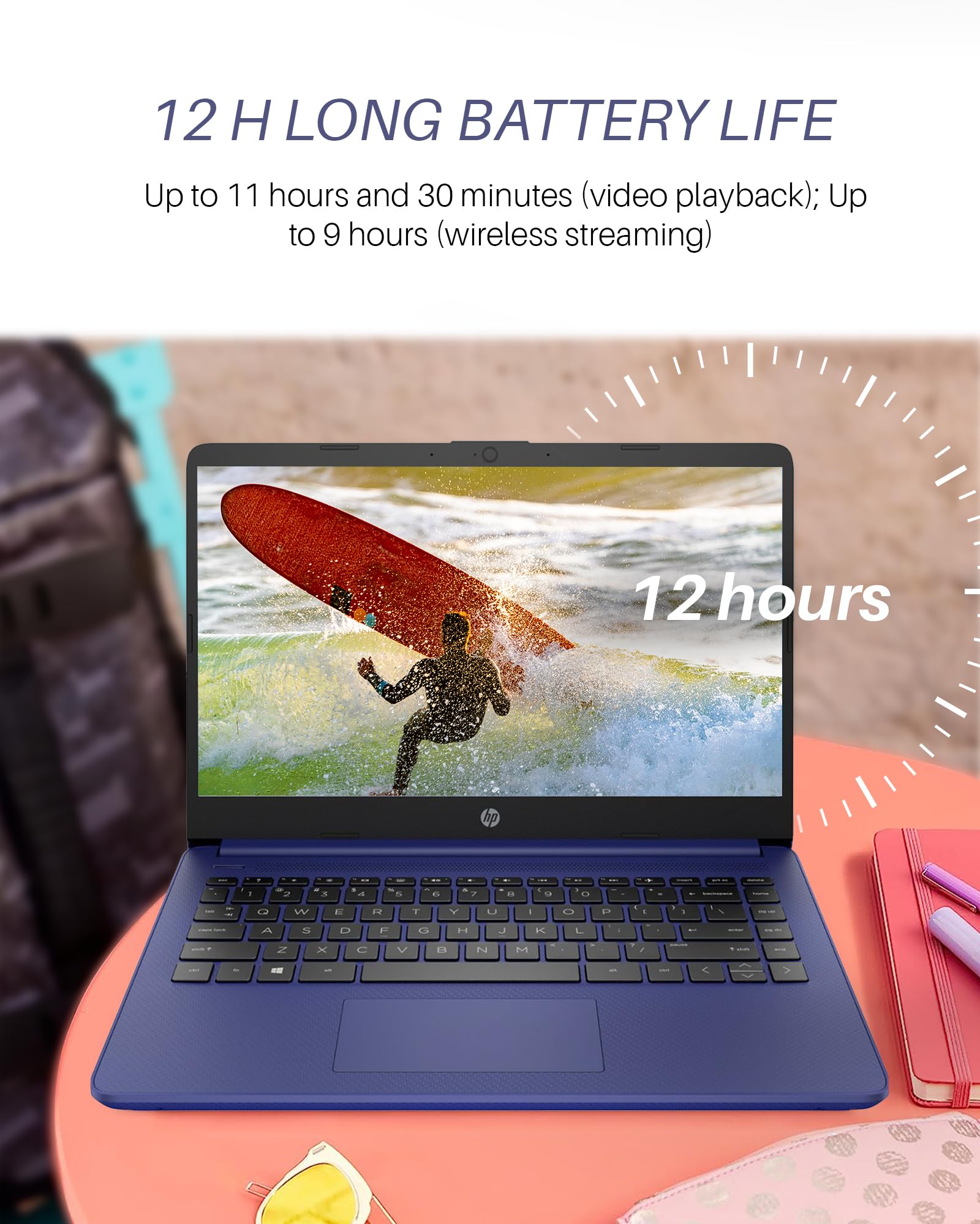 HP 2023 Newest 14 Inch Laptop Students Business, Intel Quad-Core Processor, 8GB RAM, 192GB Storage(64GB eMMC+128GB Micro SD), 12H Battery Life, Webcam, HDMI, WiFi, Win 11 S, Bundle with JAWFOAL