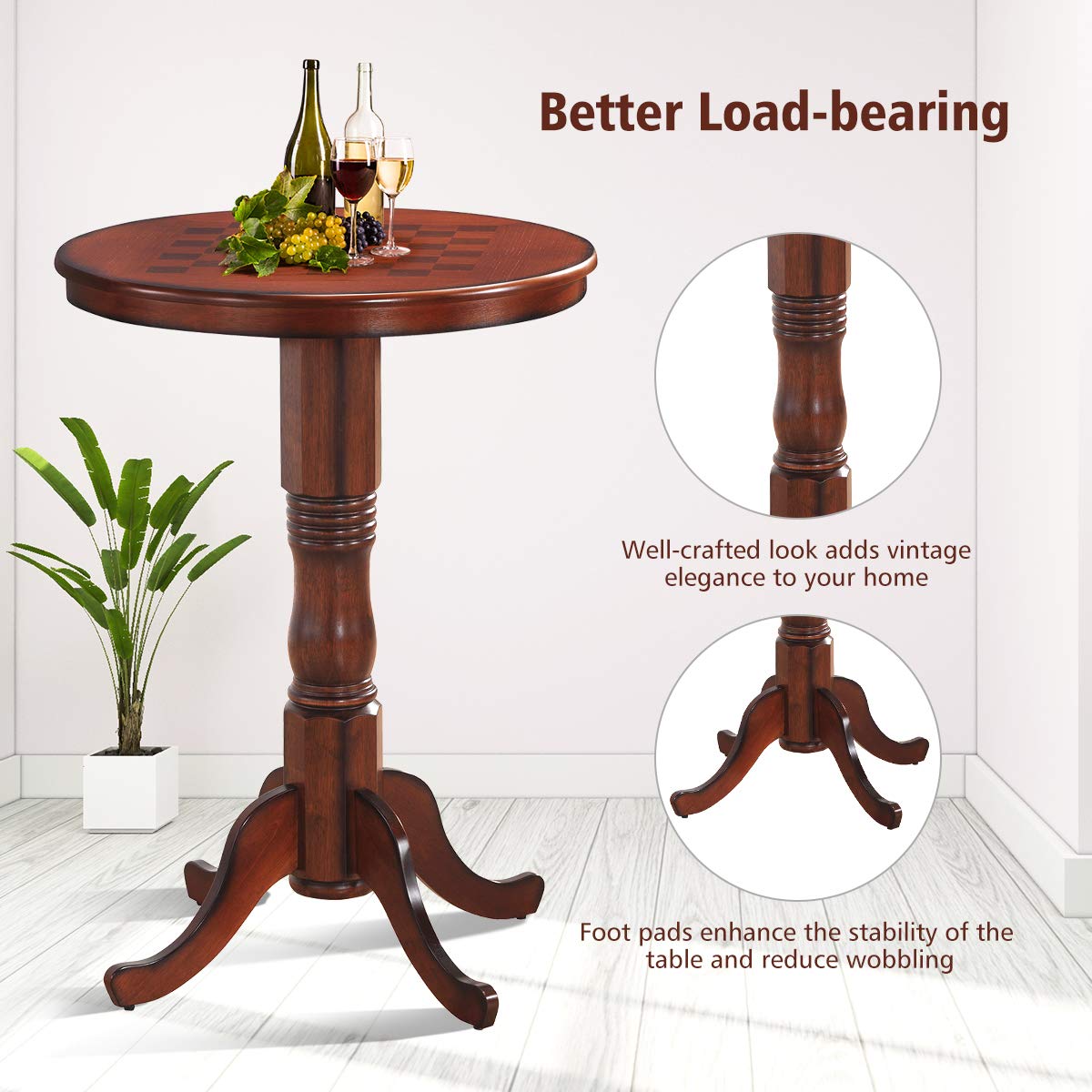 Giantex Round Dining Table, 30" D X 41.5" H, Wooden Pub Pedestal Side Table W/Chessboard, Adjustable Foot Pads, Multi-Purpose Dinner Table for Small Space, Kitchen, Dining Room, Restaurant (Walnut)