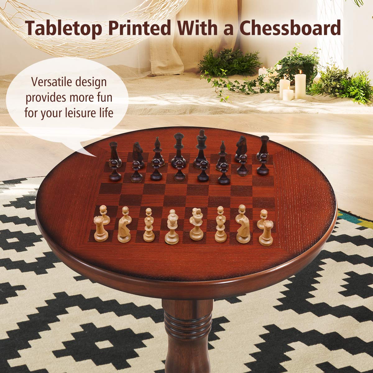 Giantex Round Dining Table, 30" D X 41.5" H, Wooden Pub Pedestal Side Table W/Chessboard, Adjustable Foot Pads, Multi-Purpose Dinner Table for Small Space, Kitchen, Dining Room, Restaurant (Walnut)