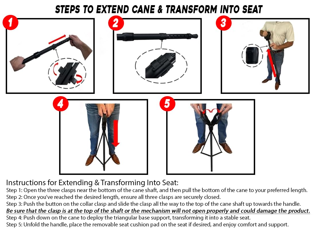 Darza Adjustable Cane with Seat, Walking Stick with Seat, Cane Stool, Lightweight Aluminum and Ergonomic Design, Includes Removable Cushion and Carry Bag with Pocket Storage
