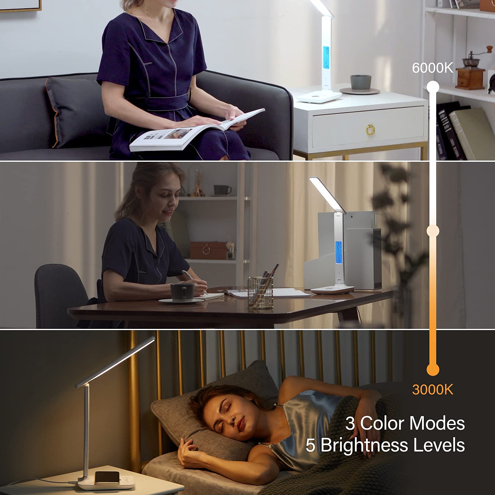 poukaran Desk Lamp, LED Desk Lamp with Wireless Charger, USB Charging Port, Table Lamp with Clock, Alarm, Date, Temperature, Office Lamp, Desk Lamps for Home Office,Black