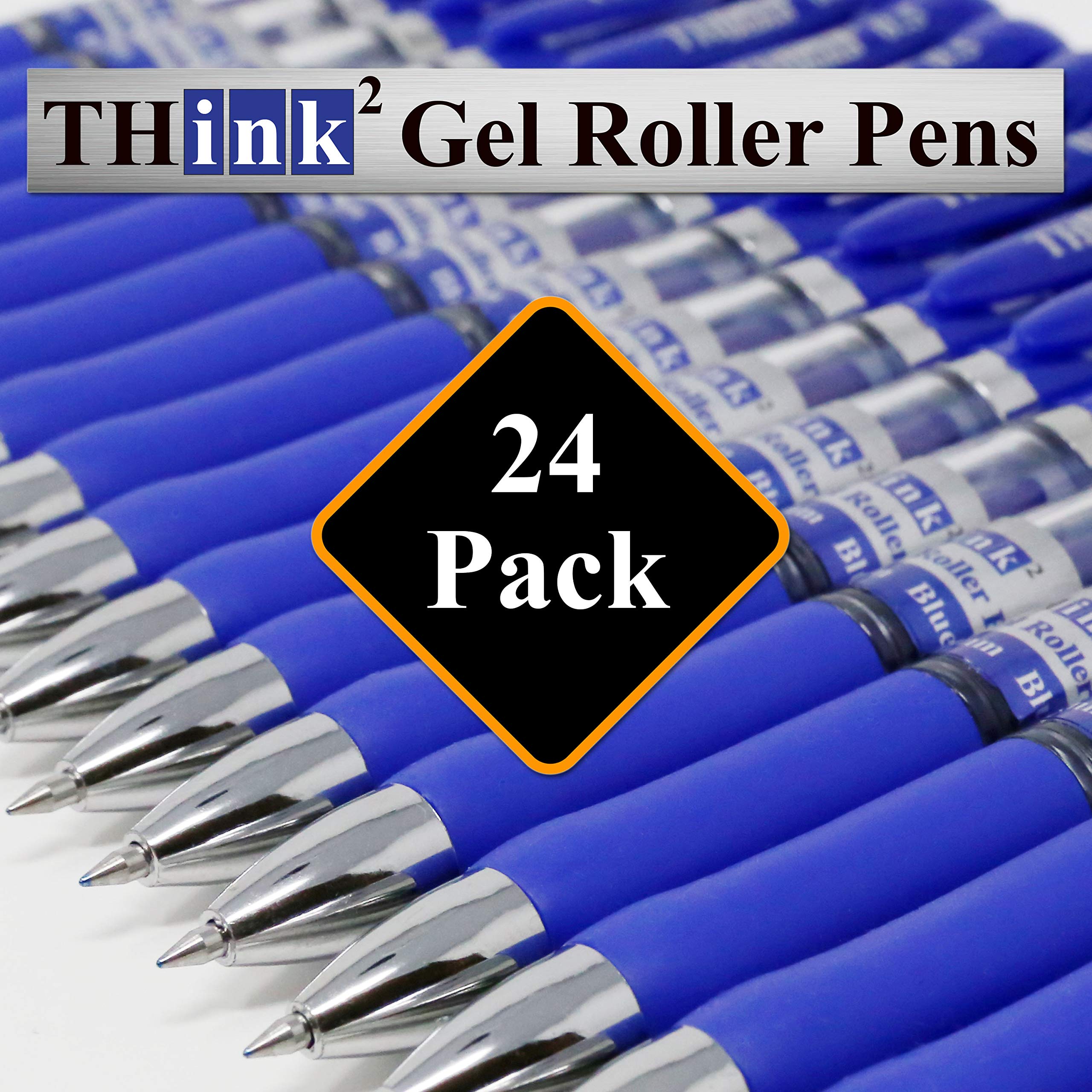 THINK2MASTER [24 Pens - Blue Ink] Think2 Retractable Gel Pens. (24 Blue) Fine Point (0.5mm) Rollerball Pens with Comfort Grip.