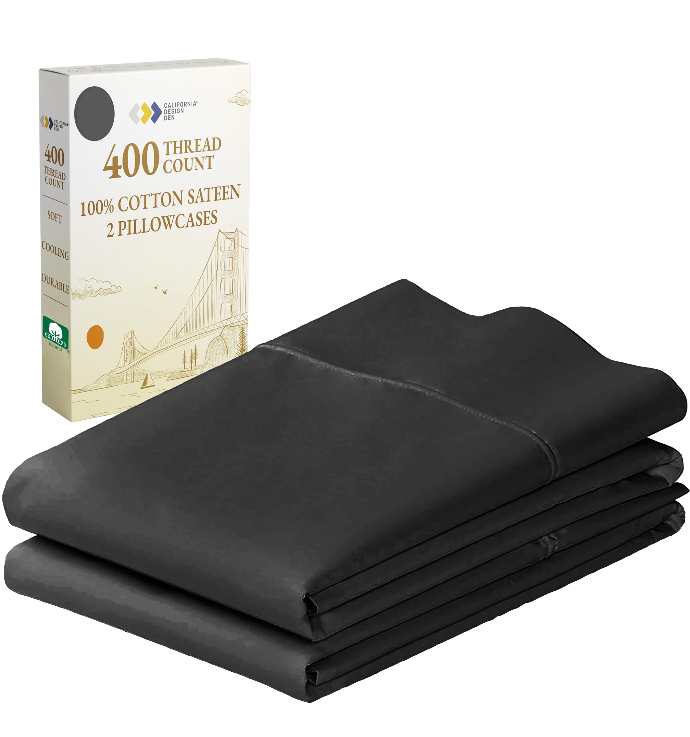California Design Den King Size Pillowcase Set - 400 Thread Count, 100% Cotton Sateen, Luxury Set of 2 Pillow Covers, Breathable, Cooling, Soft for Comfortable Quality Sleep - Black
