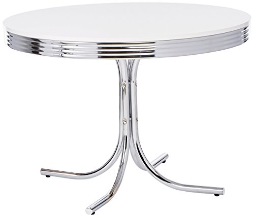 Coaster Home Furnishings Retro 1950s Soda Fountain Diner Round Dining Room Table White Laminate Top Sturdy Steel Chrome Base 2388