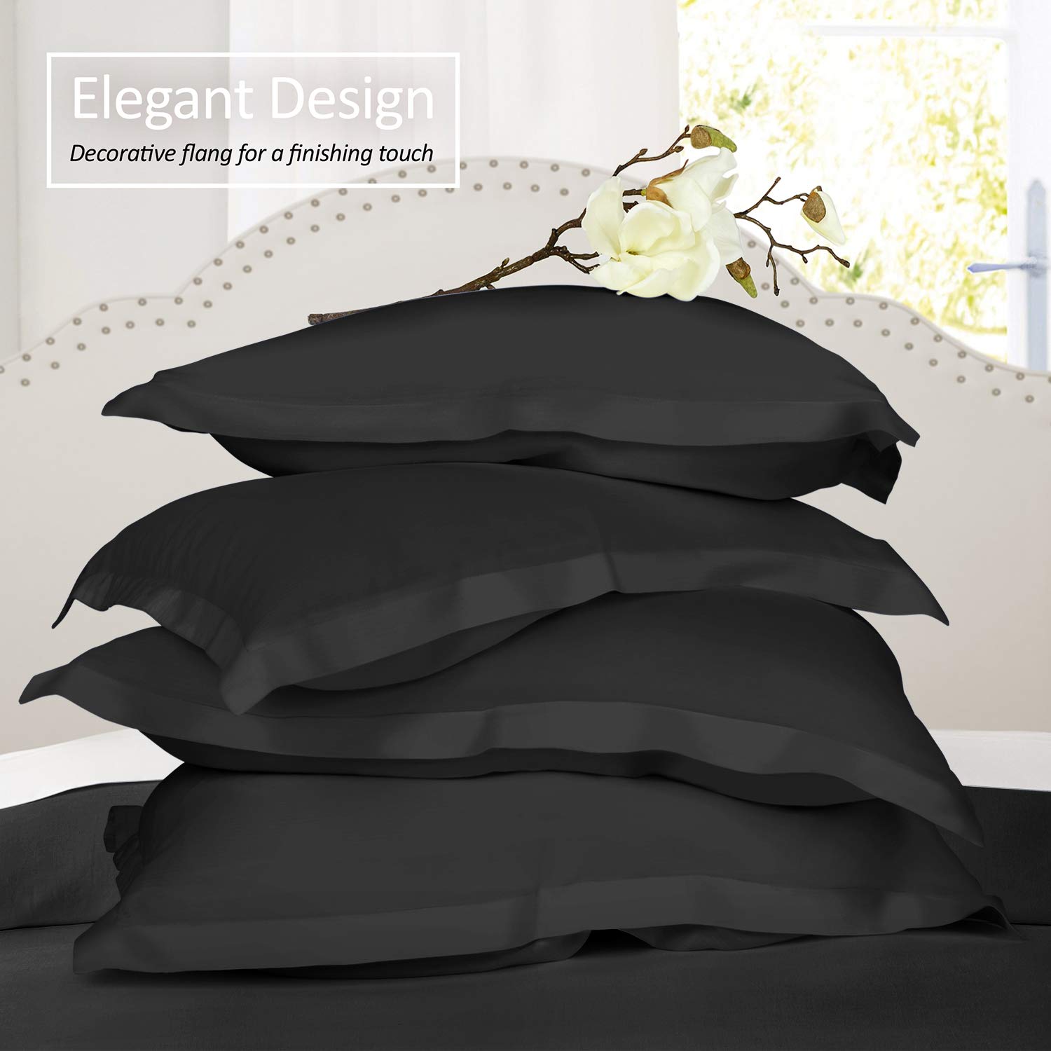 Nestl Soft Pillow Shams Set of 2 - Double Brushed Microfiber Pillow Covers - Hotel Style Premium Bed Pillow Cases, with 1.5” Decorative Flange, King 20"x36" - Black