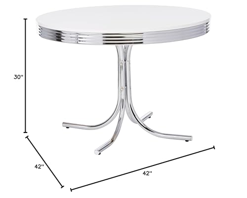 Coaster Home Furnishings Retro 1950s Soda Fountain Diner Round Dining Room Table White Laminate Top Sturdy Steel Chrome Base 2388