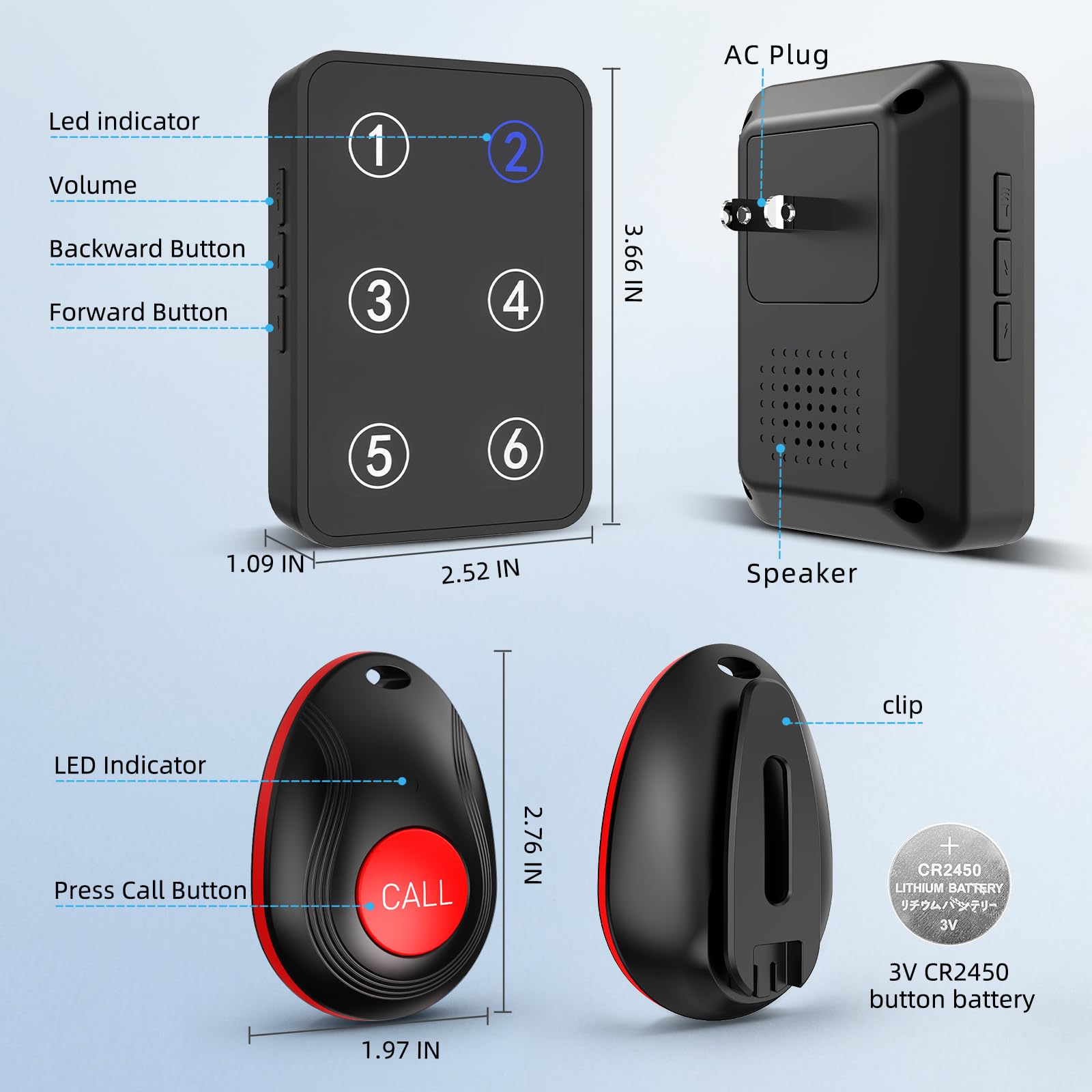 CallToU Caregiver Pager Wireless Call Button Nurse Call System 500Ft with LED Number Display for Elderly Patients Seniors Home Emergency Alert 2 Plug-in Receivers 6 Waterproof Portable Transmitters