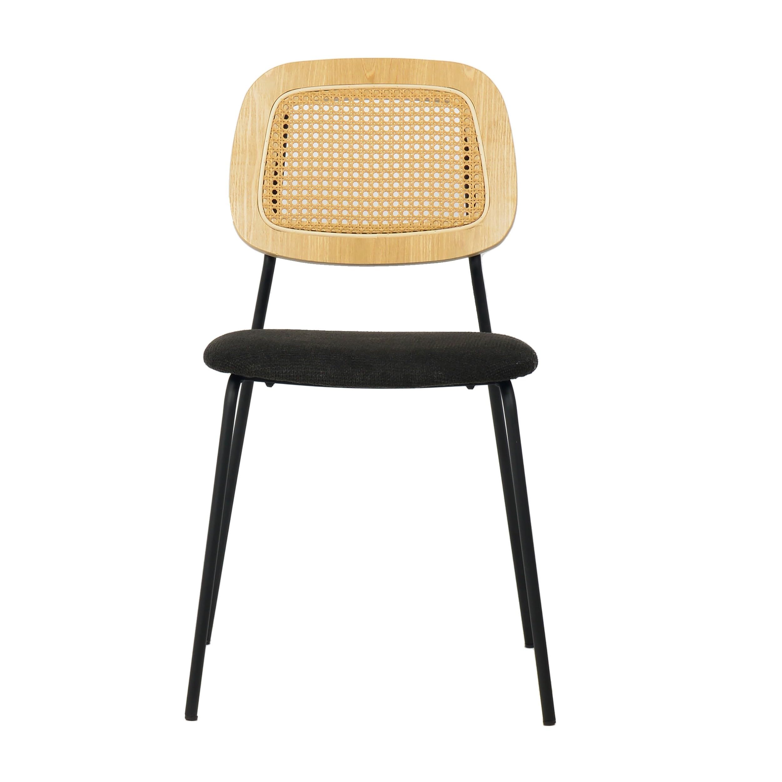 Benjara 19 Inch Dining Chair, Set of 2, Cane Backrest, Black Fabric Seat, Metal, Walnut Brown and Beige