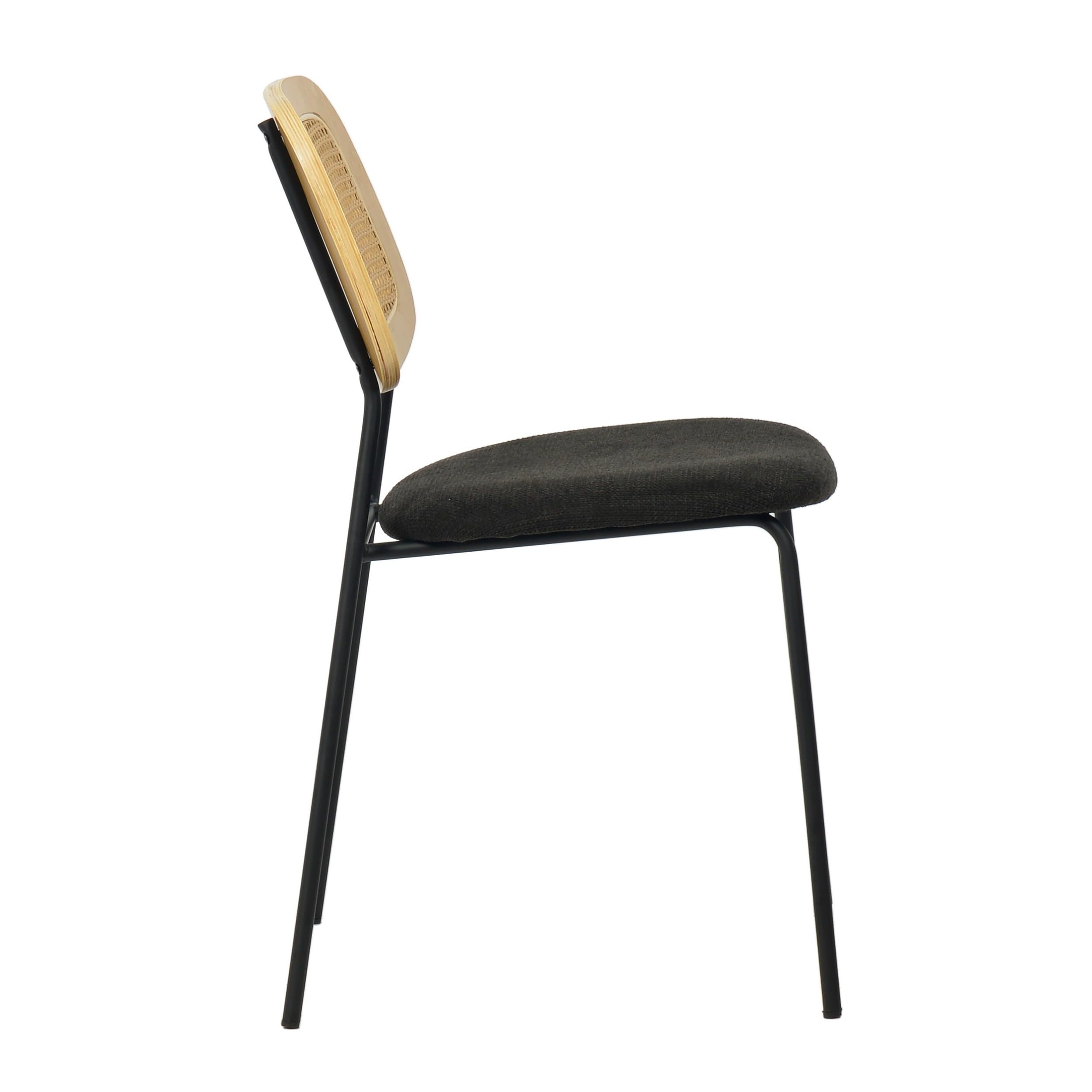Benjara 19 Inch Dining Chair, Set of 2, Cane Backrest, Black Fabric Seat, Metal, Walnut Brown and Beige