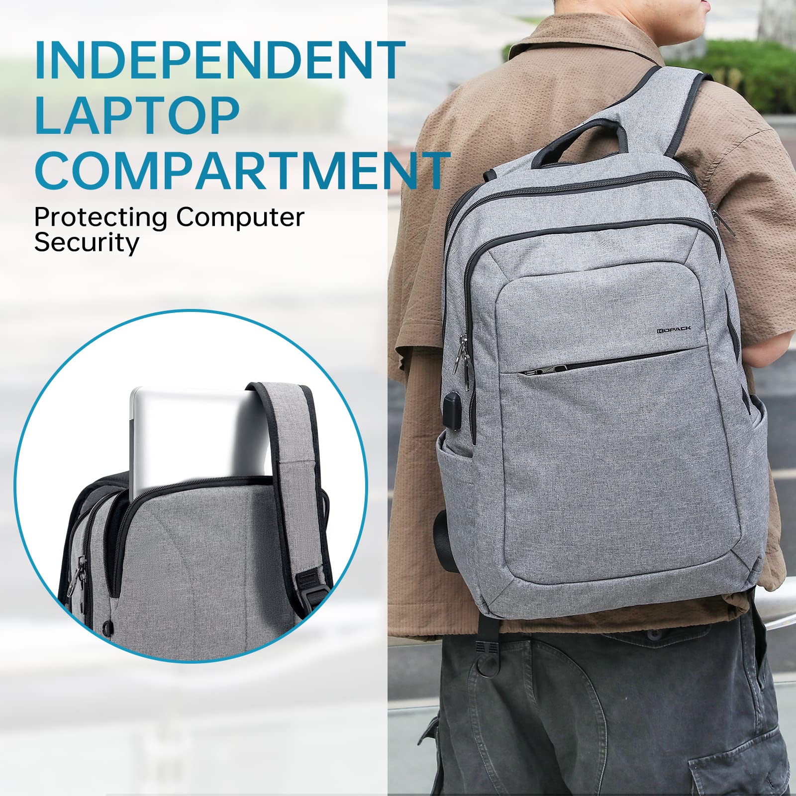KOPACK Laptop Backpack, 15.6 Inch Slim Anti-Theft Laptop Backpack with USB Charging Port, Functional Travel Business College Commute Backpack, with Multiple Compartments for Men Women High Schoolers