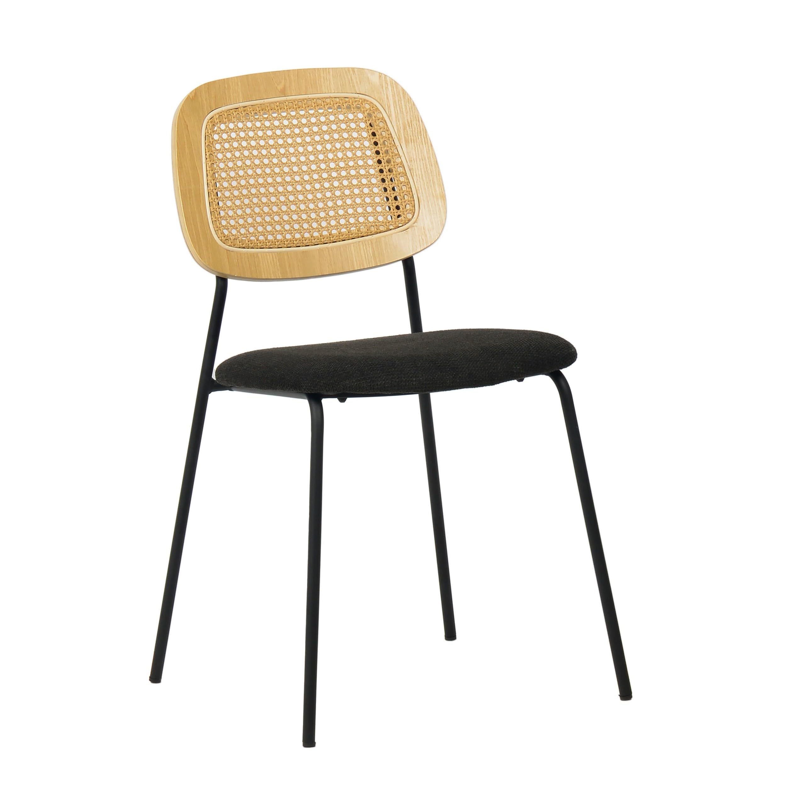 Benjara 19 Inch Dining Chair, Set of 2, Cane Backrest, Black Fabric Seat, Metal, Walnut Brown and Beige