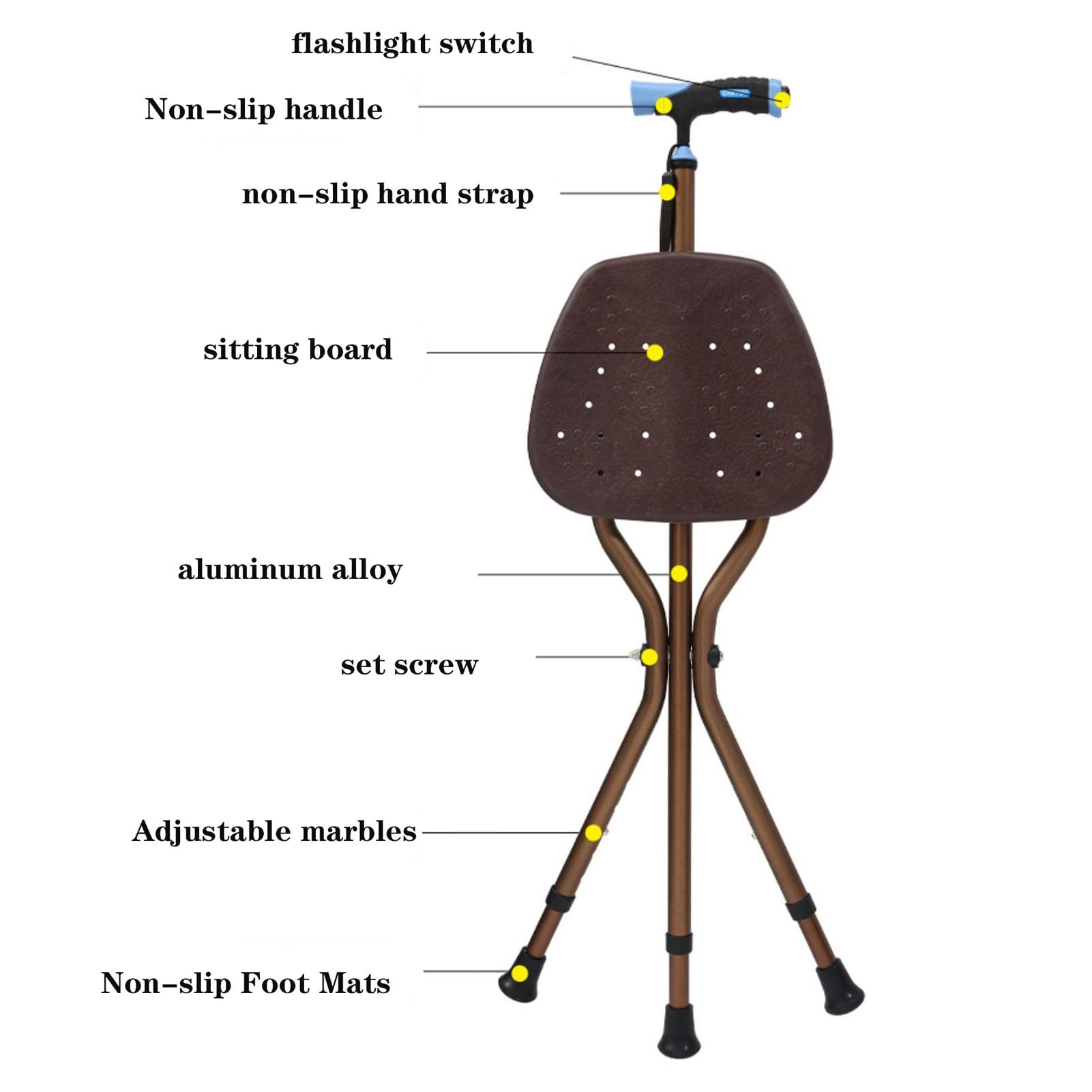 Aluminum Alloy Walking Stick with LED Light, Foldable, Three-Legged Cane Chairs for Adults, Portable, T-Grip, Anti-Slip, Lightweight, for Disabled, Elderly (Size : Brown)