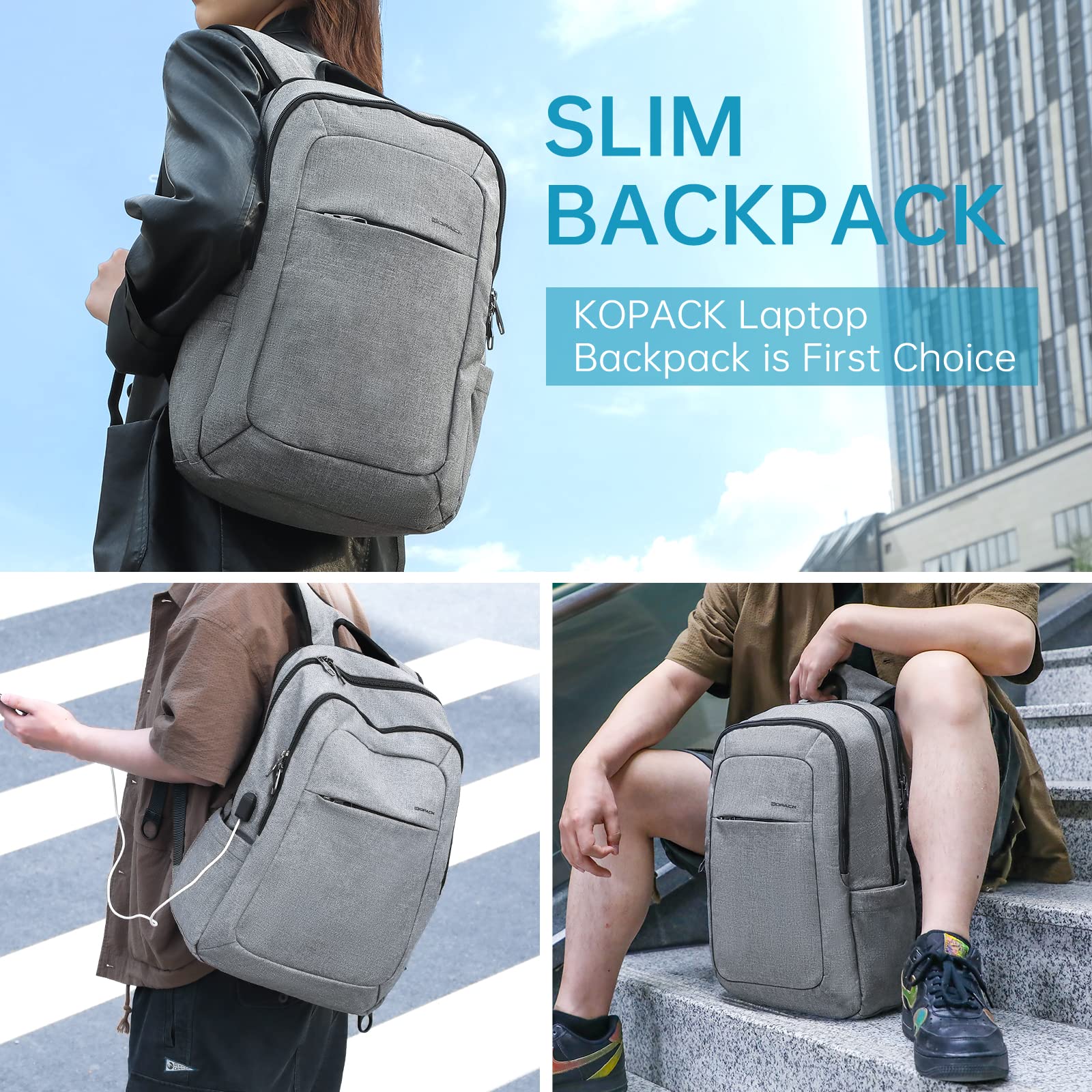 KOPACK Laptop Backpack, 15.6 Inch Slim Anti-Theft Laptop Backpack with USB Charging Port, Functional Travel Business College Commute Backpack, with Multiple Compartments for Men Women High Schoolers