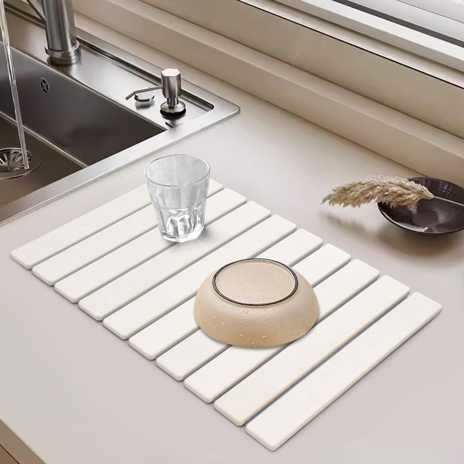 tdcokhe Home Sink Caddy, Instant Dry Bathroom Sink Organizer, Fast Drying Diatomaceous Earth Stone Sink Tray Dish for Soap Sponge Holder Toothbrush Cup, Stainless Steel Feet with Rubber Bottom, Grey