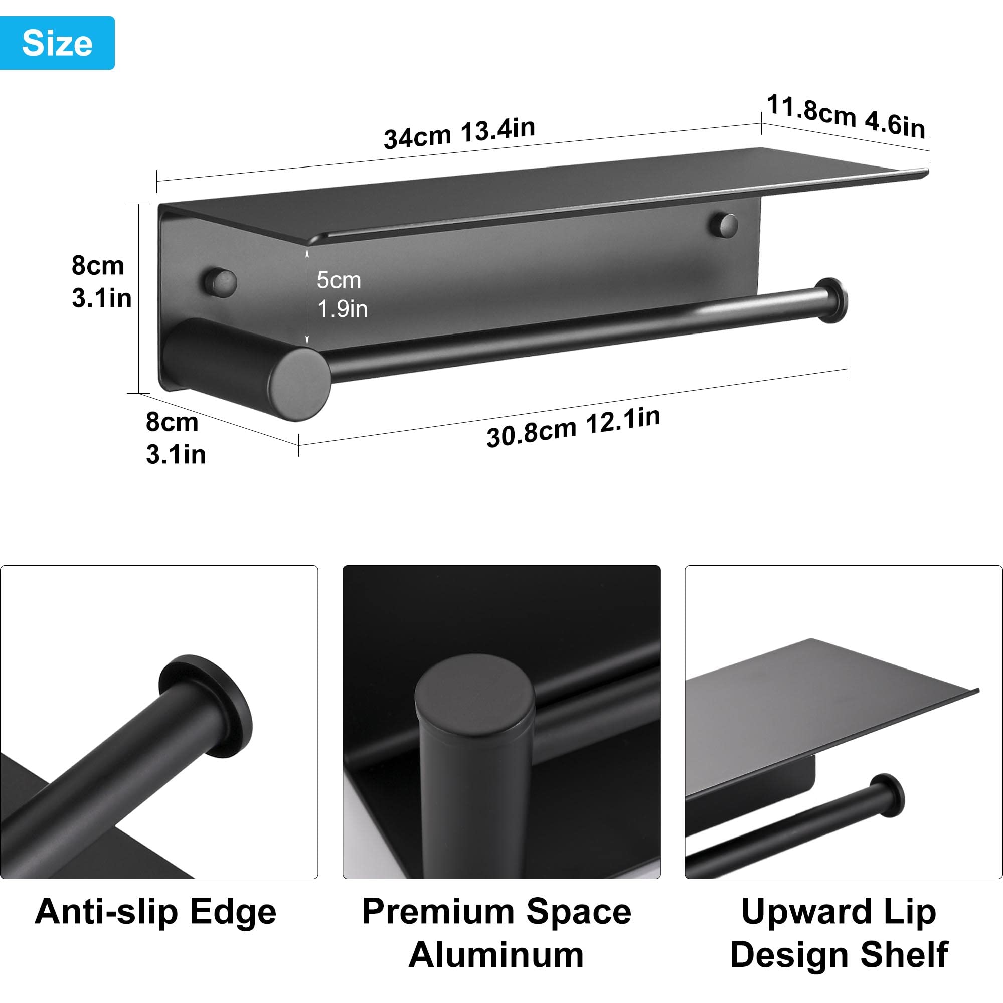 Hoomtaook Paper Towel Holder Wall Mount for Kitchen, Self-Adhesive Paper Towel Roll Holder with Shelf Under Cabinet Paper Towel Holder for Kitchen,Bathroom,Both Available in Adhesive and Screws -Black