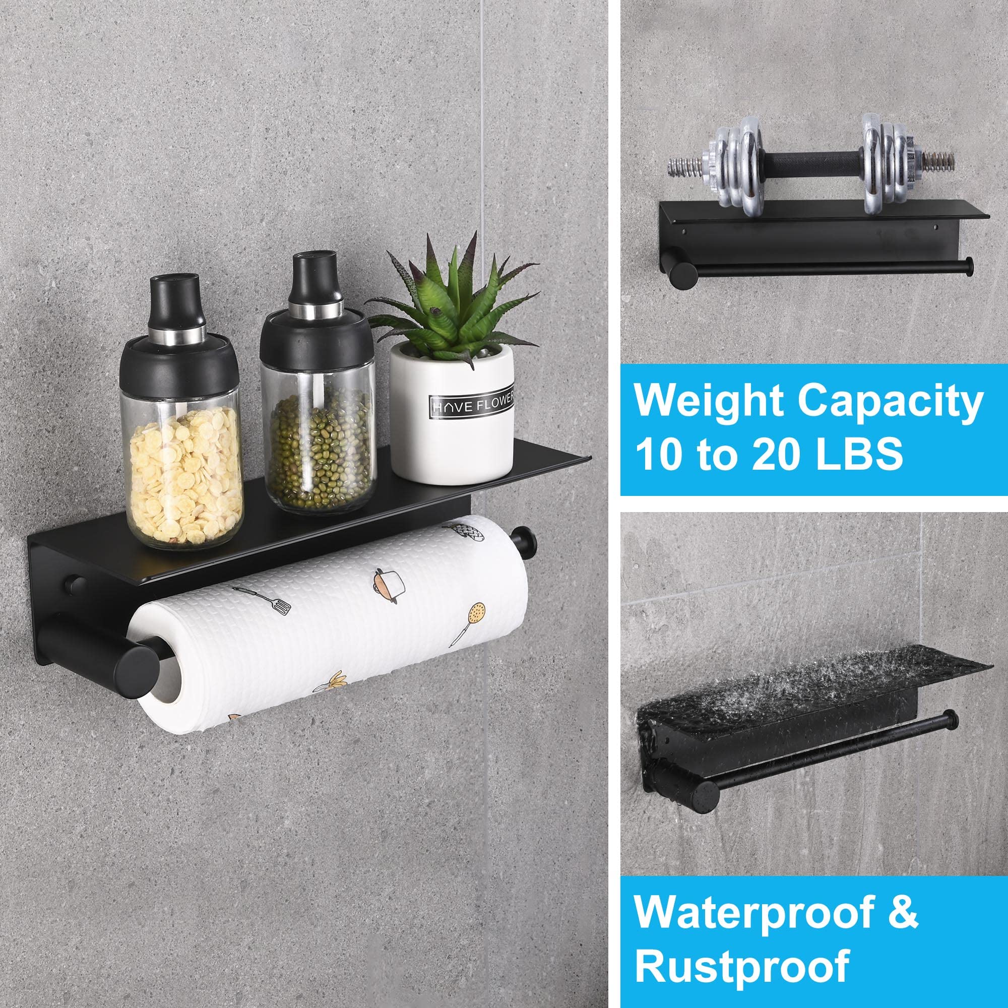 Hoomtaook Paper Towel Holder Wall Mount for Kitchen, Self-Adhesive Paper Towel Roll Holder with Shelf Under Cabinet Paper Towel Holder for Kitchen,Bathroom,Both Available in Adhesive and Screws -Black