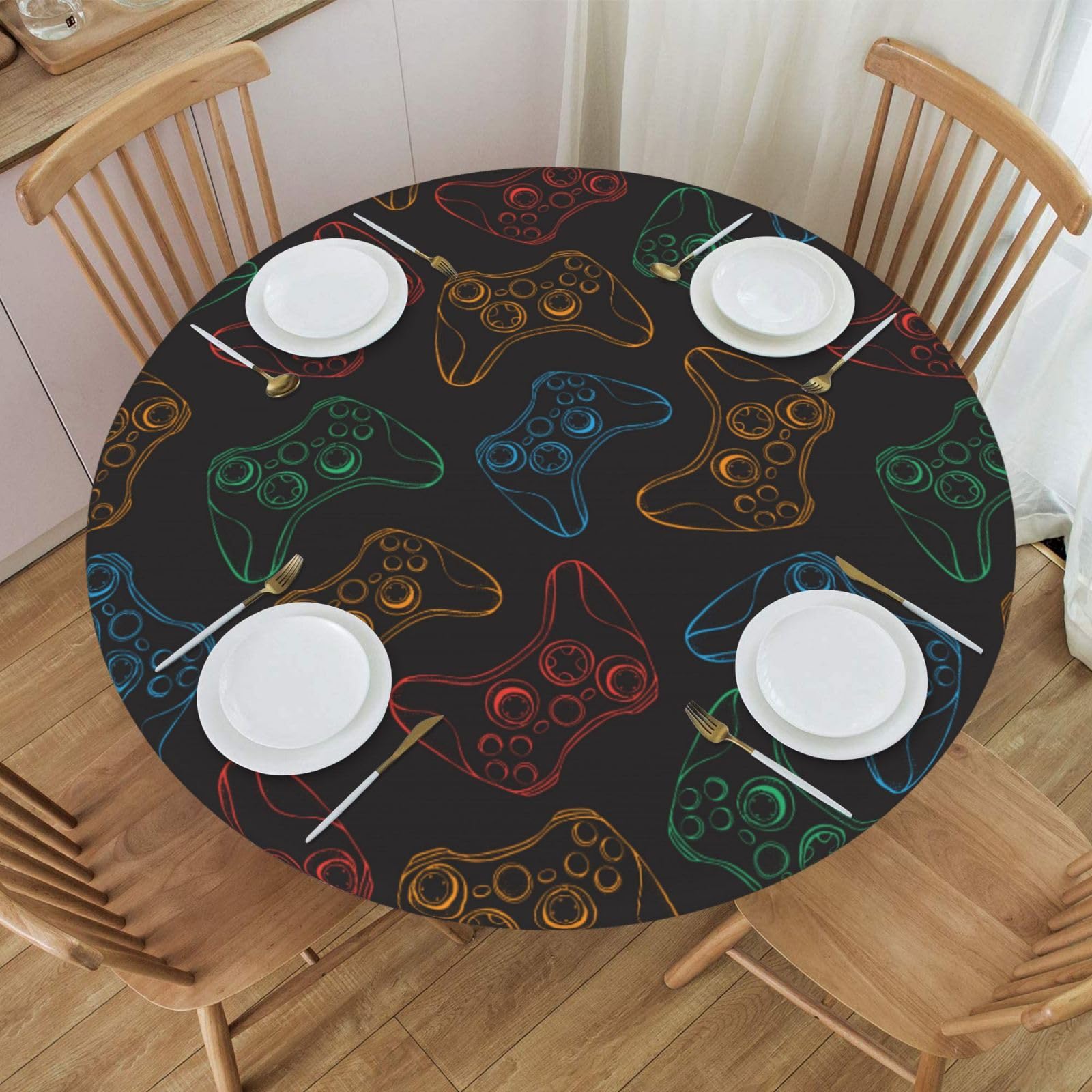 Kuilepa Gamepad Joystick Game Round Tablecloth,Waterproof Elastic Fitted Table Covers for Picnic, Camping, Dining, Indoor and Outdoor-Small
