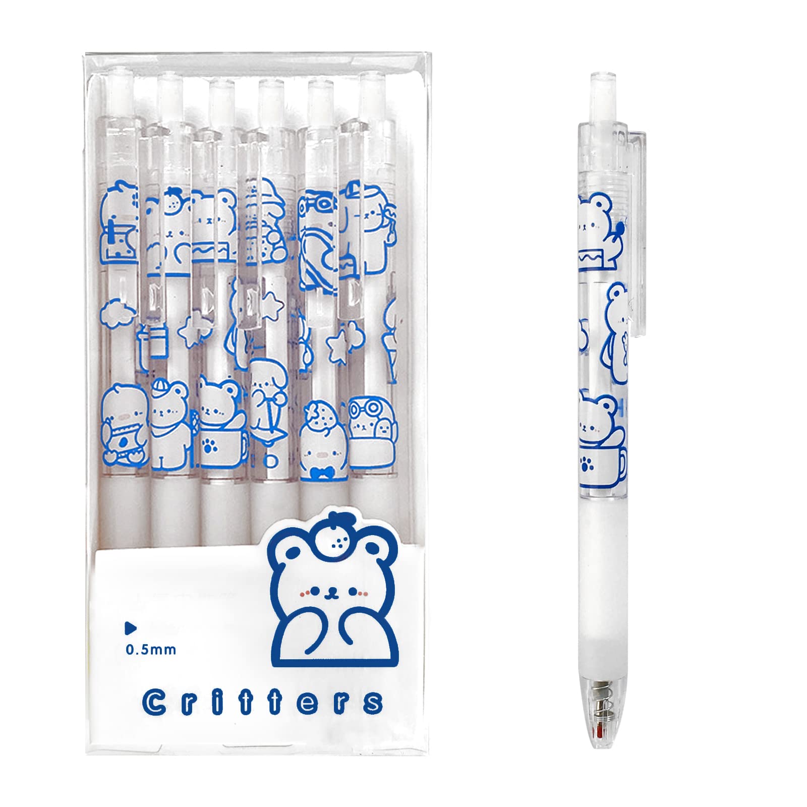 LSLSHY Cute Pens Black Ink Retractable 0.5mm Gel Pens Bullet Point Pretty Nice Kawaii Office School Supplies Gifts for Kids Girls Boys Women Fun Pens for Journaling Pack of 6pcs(Little White Bear)