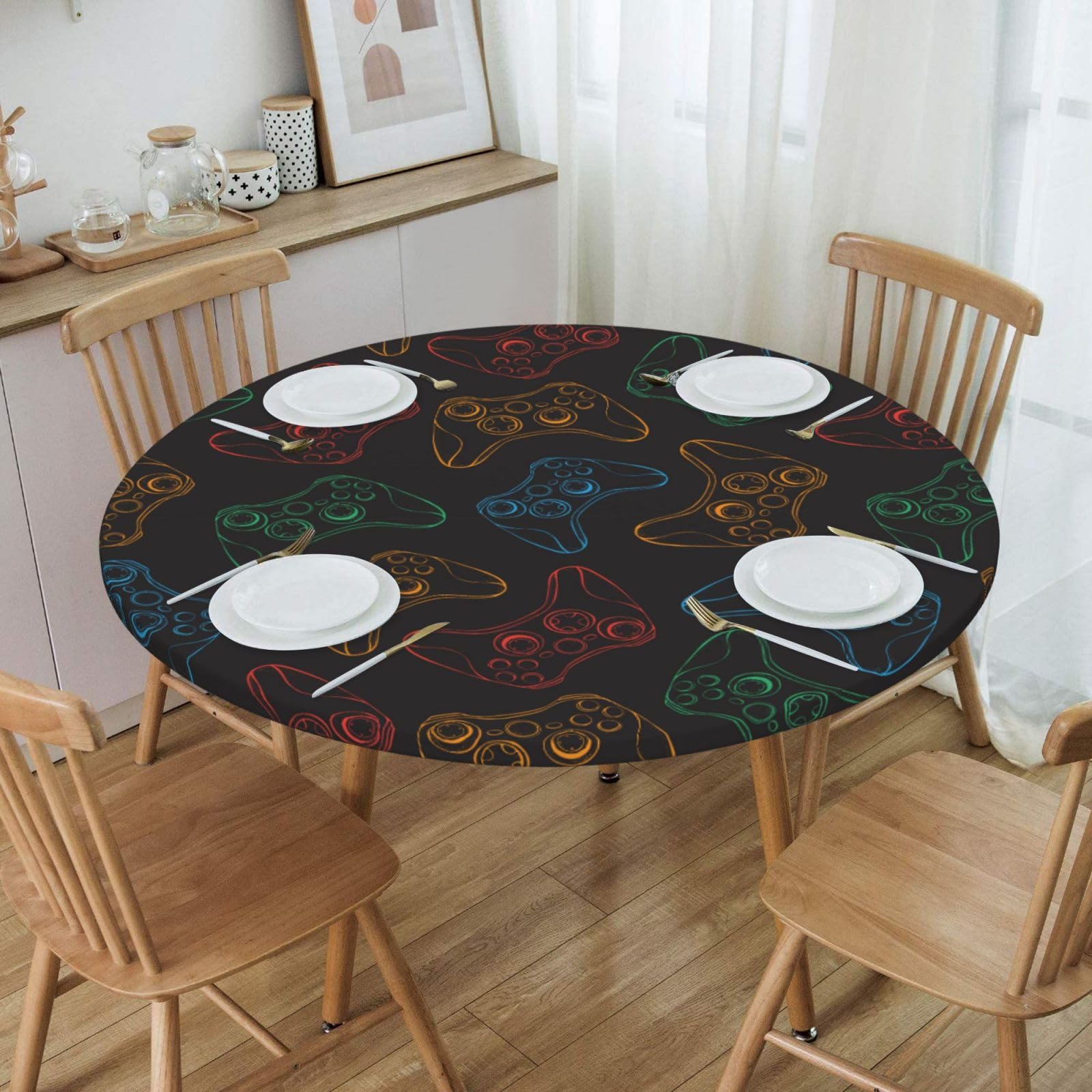 Kuilepa Gamepad Joystick Game Round Tablecloth,Waterproof Elastic Fitted Table Covers for Picnic, Camping, Dining, Indoor and Outdoor-Small