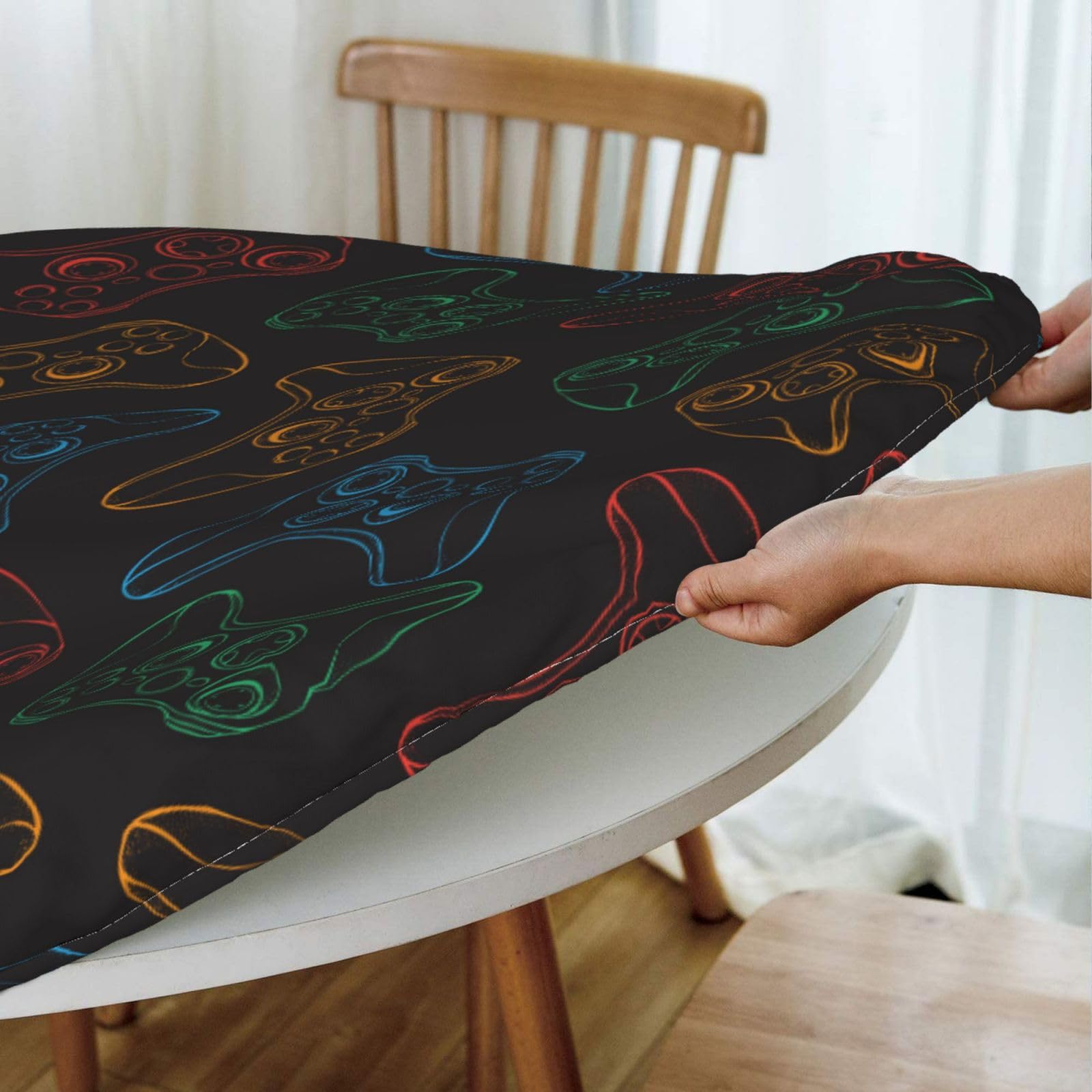 Kuilepa Gamepad Joystick Game Round Tablecloth,Waterproof Elastic Fitted Table Covers for Picnic, Camping, Dining, Indoor and Outdoor-Small
