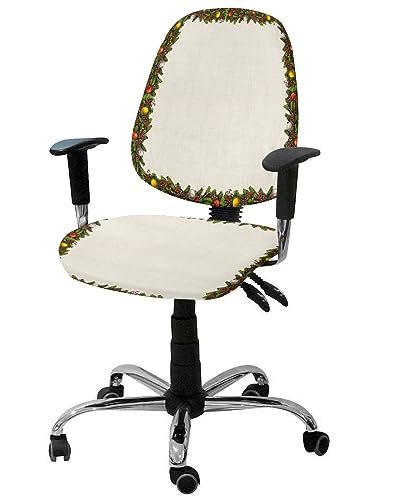 Stretch Printed Computer Office Chair Covers,Merry Christmas Tree Evergreen Trees Candy Cane Pine Cone Split Protective Desk Rotating Chair Slipcovers, Removable Spandex Chair Protector Cover