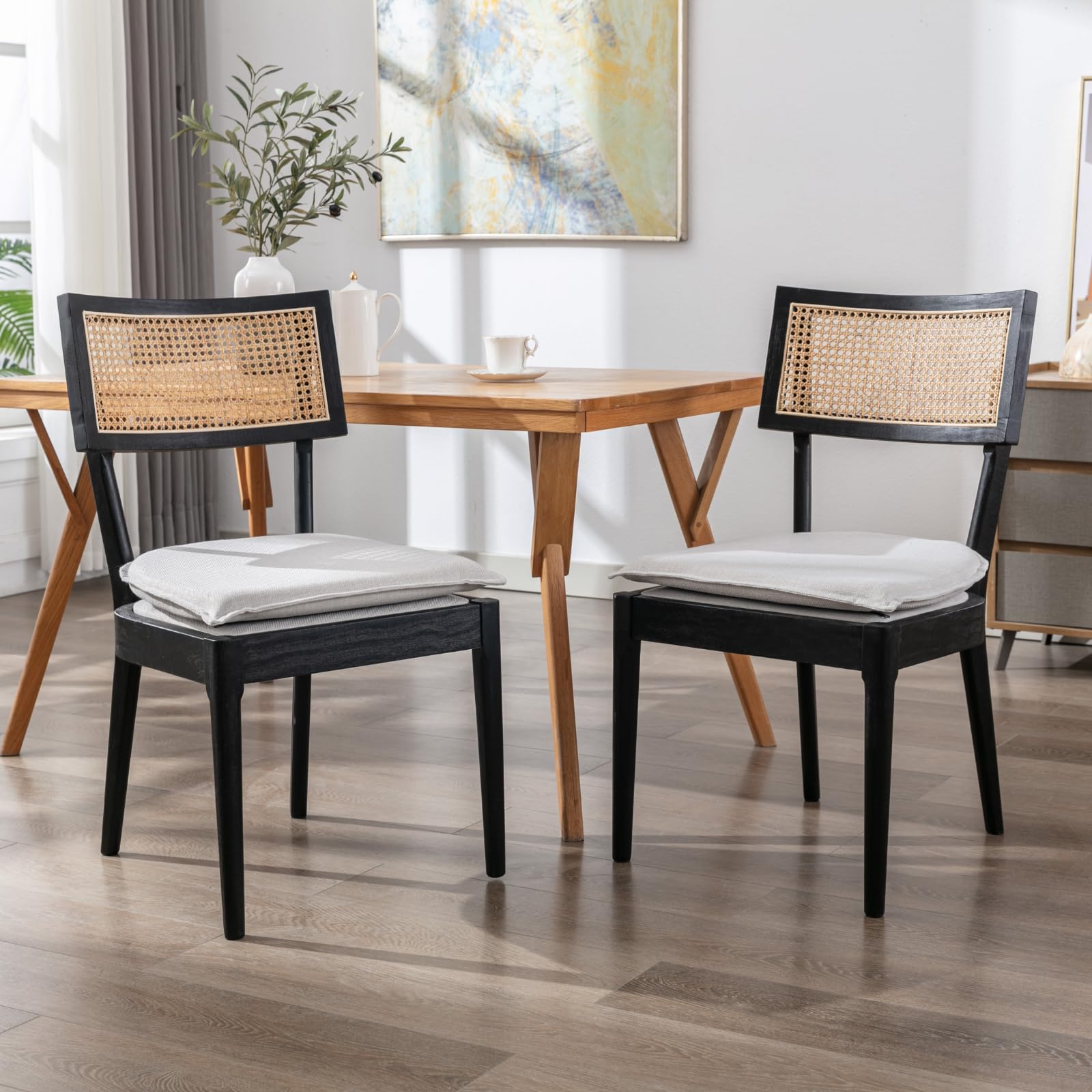 Guyou Black Rattan Dining Chairs Set of 4, Linen Upholstered Farmhouse Dining Chairs with Cane Back, Wood Kitchen Dining Chairs with Removable Cushion, Armless Cane Dining Chair for Dinner Living Room