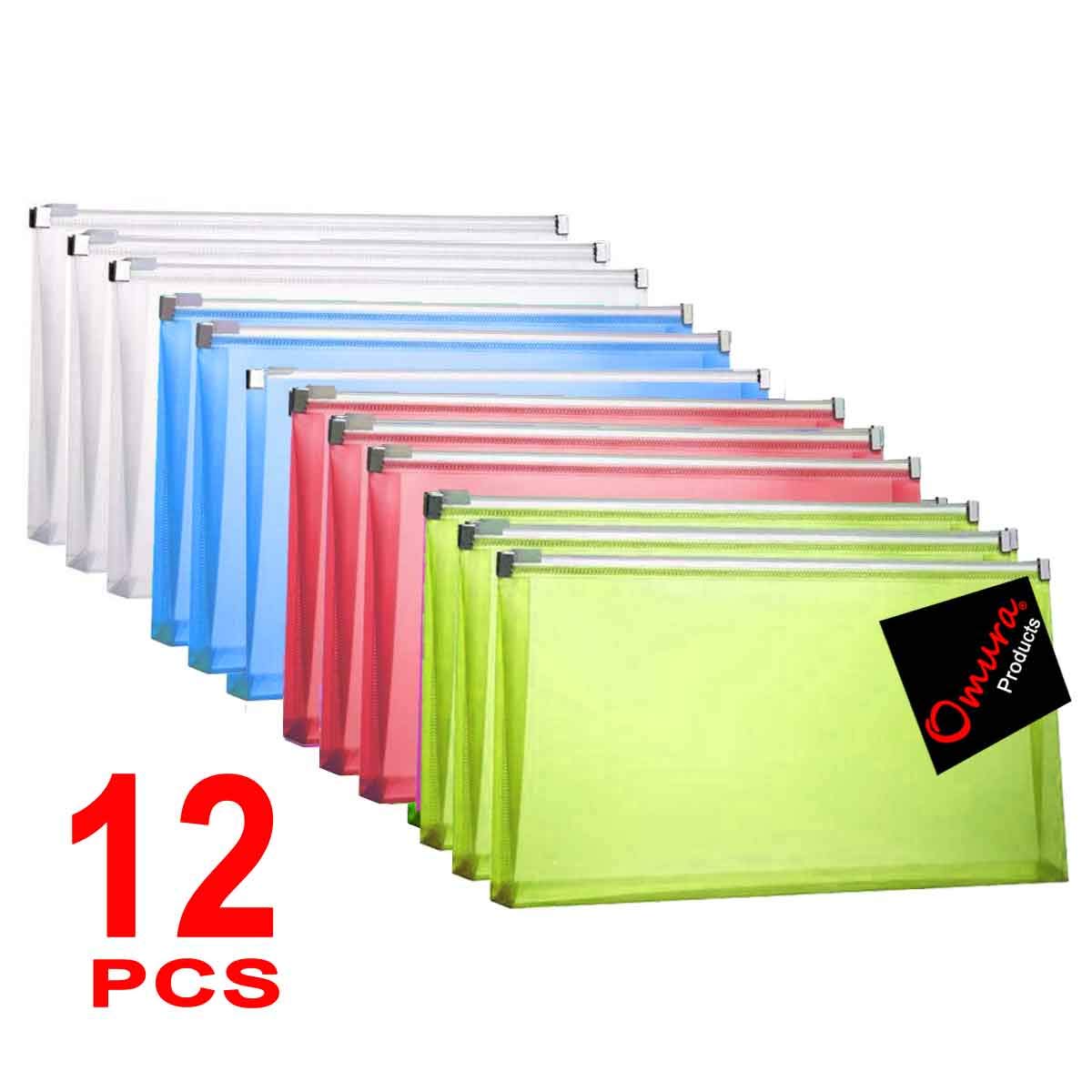 OMURA Plastic Envelopes with Zipper #10 Size (5.25" x 1" x 10"), (Pack 12)