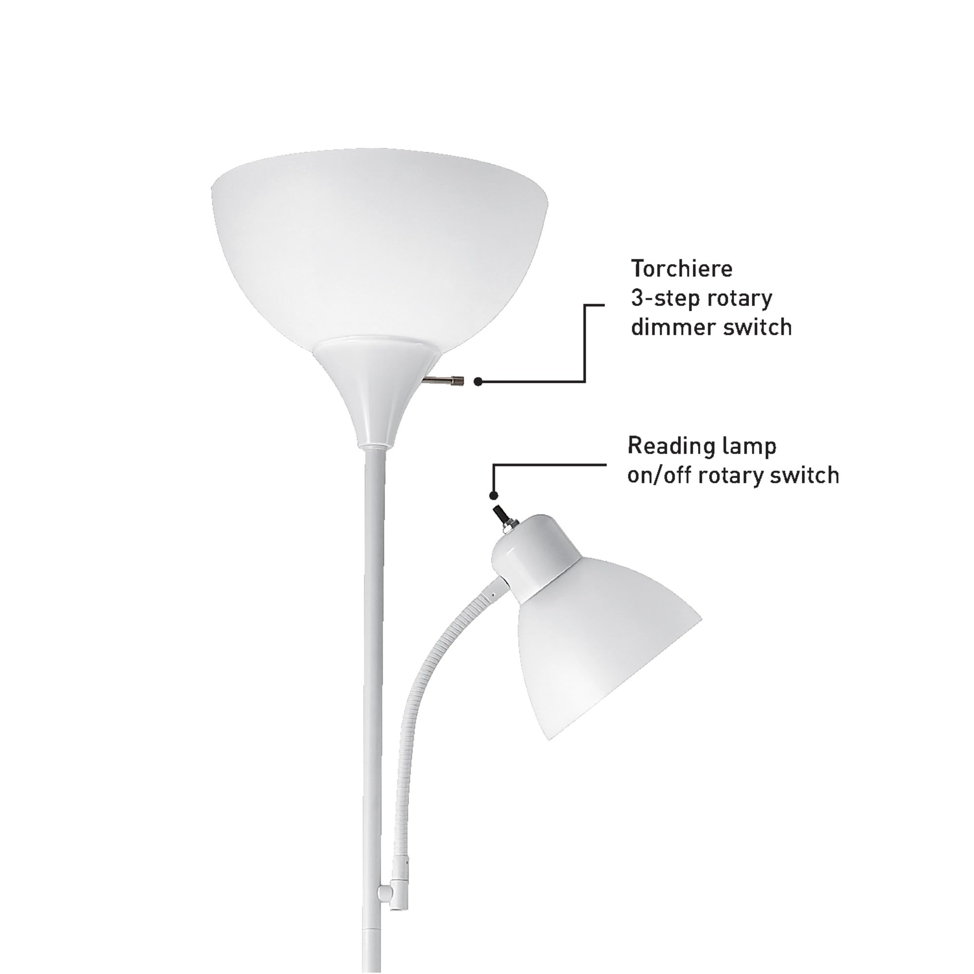 Globe Electric 67136 72" Torchiere Floor Lamp + Adjustable Reading Light, Matte White, Frosted Plastic Shade, 3-Step Rotary Switch on Floor Lamp Socket, Home Improvement, Home Office Accessories
