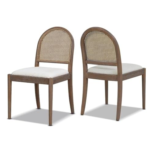 Pemberly Row Curved Cane Rattan Side Dining Chair Set of 2 Ivory White Boucle