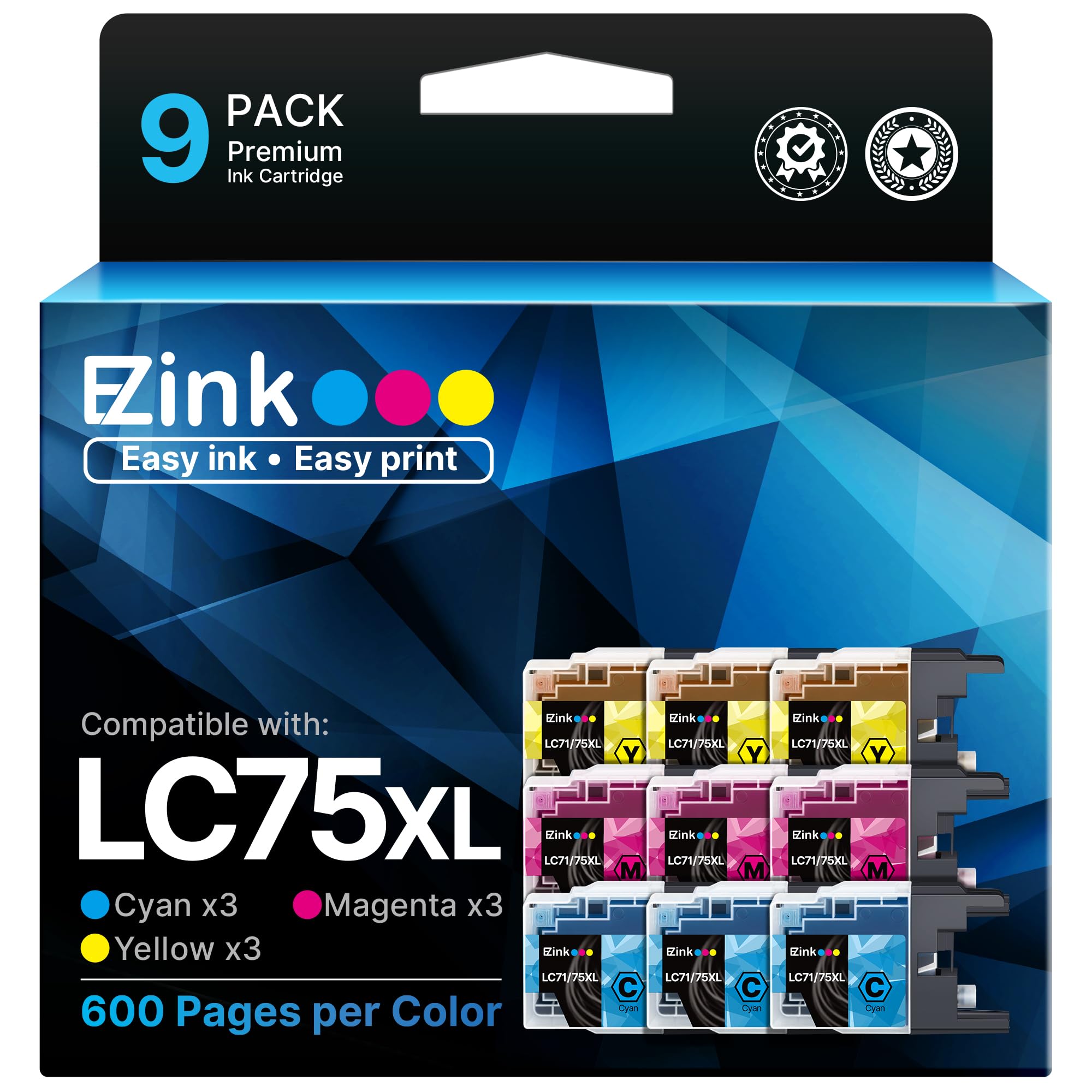 E-Z Ink (TM) Compatible Ink Cartridge Replacement for Brother LC75 LC71 LC79 XL LC-75 LC LC-71 Compatible with MFC-J6510DW MFC-J6710DW MFC-J6910DW MFC-J280W (3 Cyan, 3 Magenta, 3 Yellow) 9 Pack