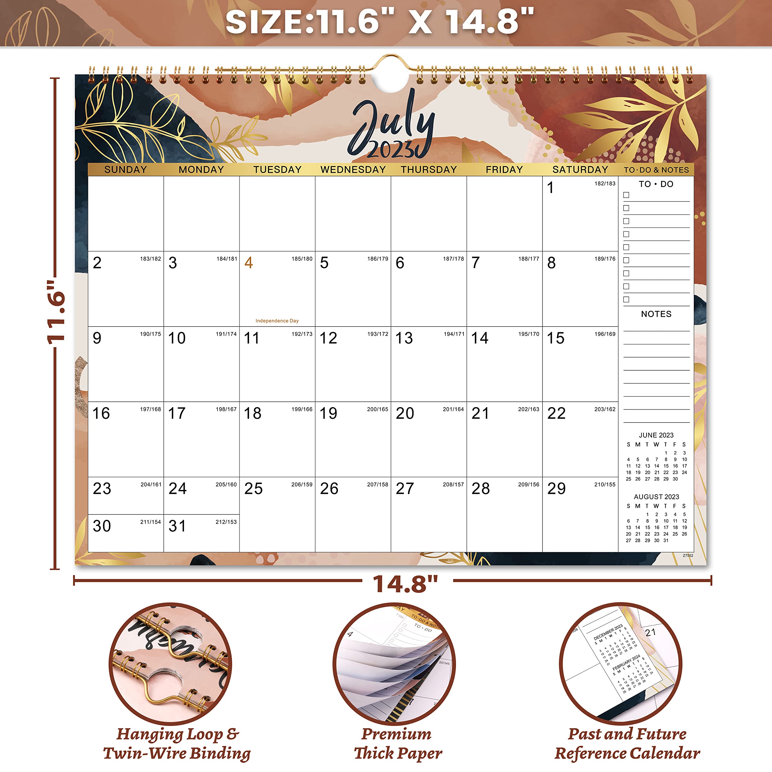 2023-2024 Calendar - July 2023 - Dec 2024, 11.6'' × 14.8'', Monthly Calendar 2023-2024, Spiral Bound, Hanging Hook, Premium Paper, Large Grids, Julian Dates