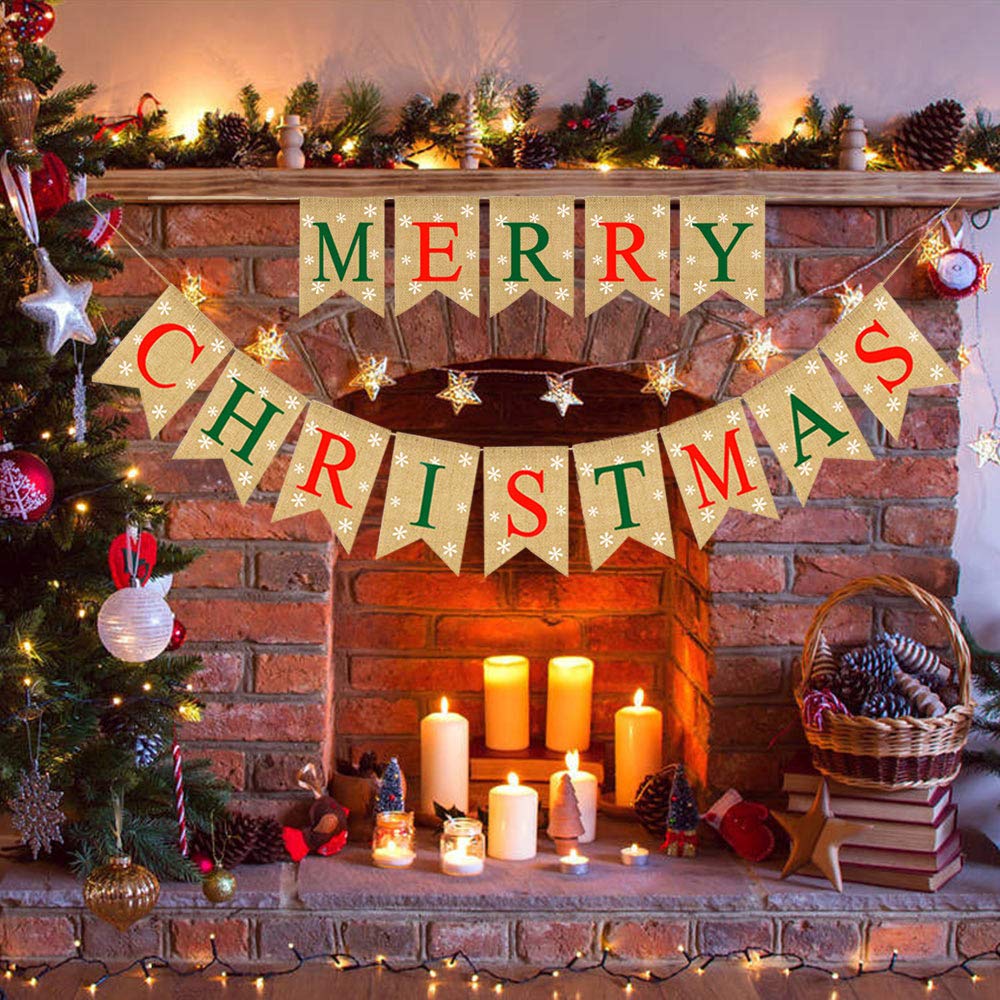 Jolik Burlap Merry Christmas Banner with Snowflakes - Christmas Burlap Banner Decoration for Home Christmas Decor