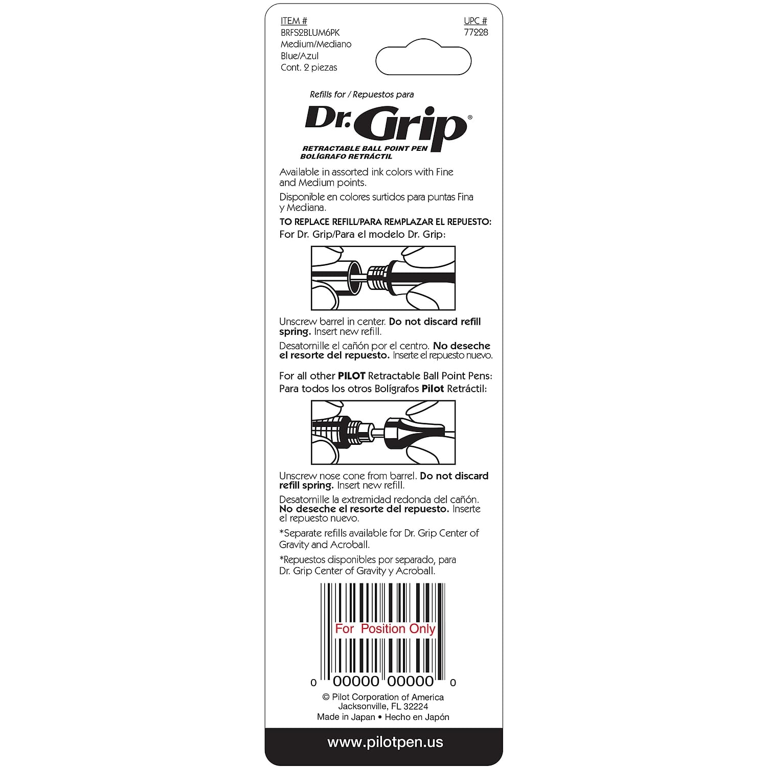PILOT Dr. Grip Ballpoint Ink Refills for Retractable Pens, Medium Point, Blue Ink, 2-Pack (77228)