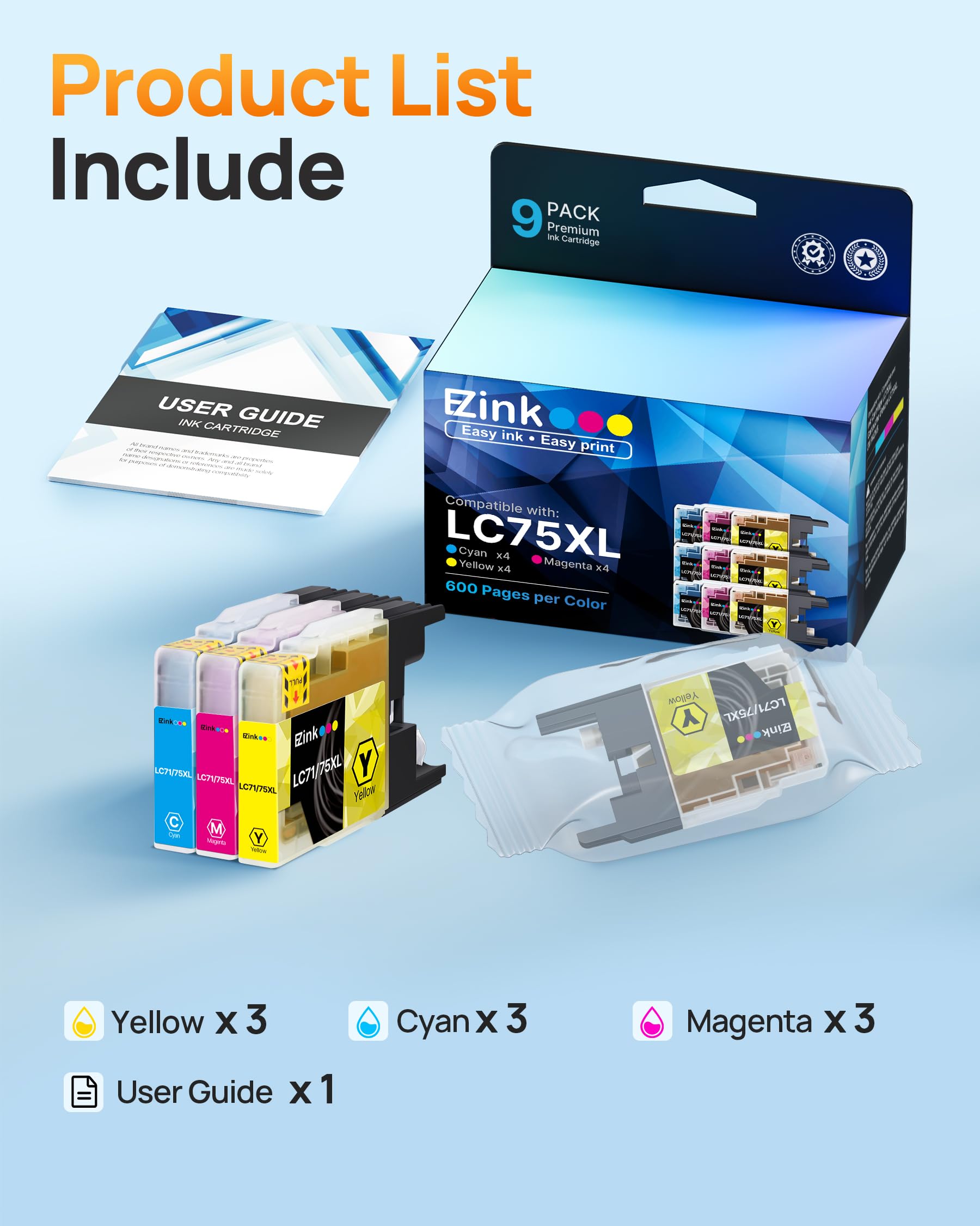 E-Z Ink (TM) Compatible Ink Cartridge Replacement for Brother LC75 LC71 LC79 XL LC-75 LC LC-71 Compatible with MFC-J6510DW MFC-J6710DW MFC-J6910DW MFC-J280W (3 Cyan, 3 Magenta, 3 Yellow) 9 Pack