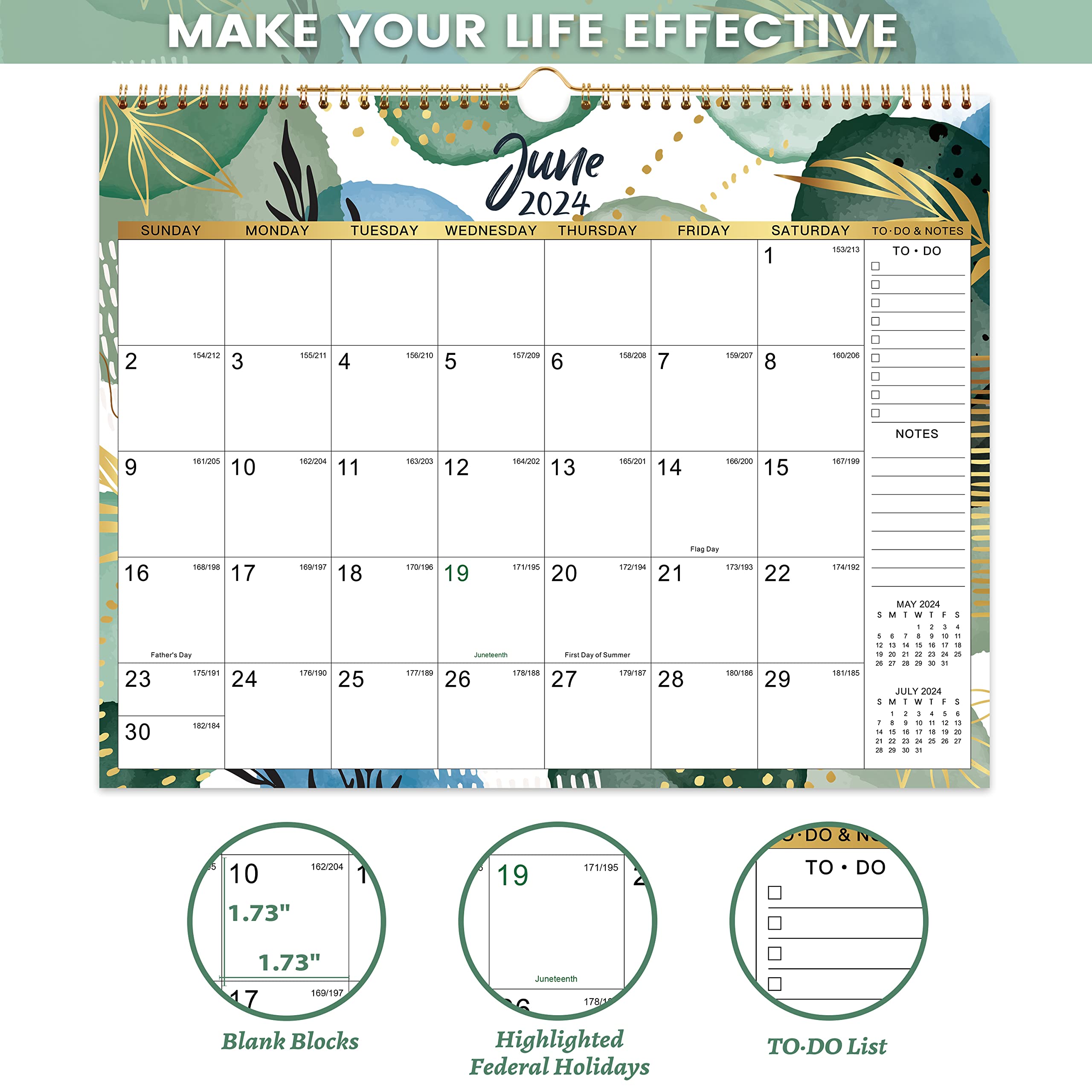 2023-2024 Calendar - July 2023 - Dec 2024, 11.6'' × 14.8'', Monthly Calendar 2023-2024, Spiral Bound, Hanging Hook, Premium Paper, Large Grids, Julian Dates