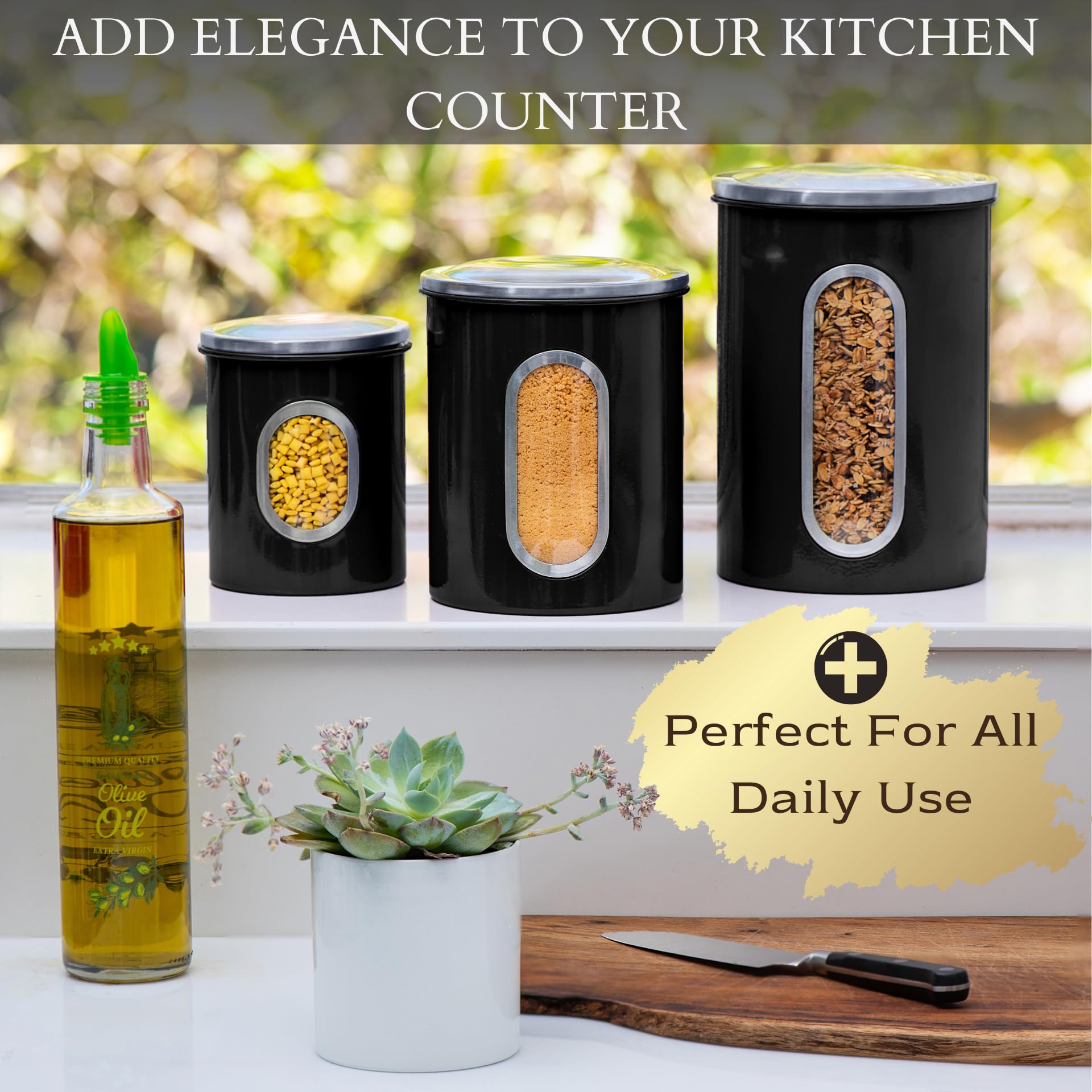 MiXPRESSO 3 Piece Black Canisters Sets For The Kitchen, Kitchen Jars With See Through Window | Airtight Coffee Container, Tea Organizer, And Sugar Canister, Kitchen Canisters Set of 3 (Black)