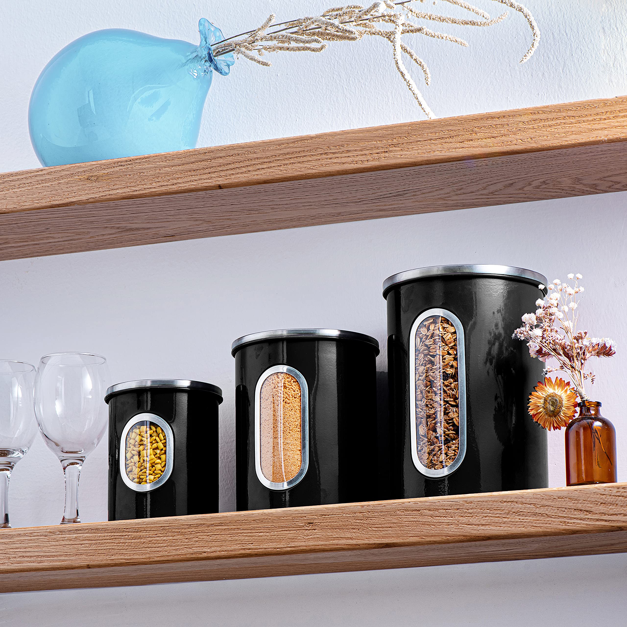 MiXPRESSO 3 Piece Black Canisters Sets For The Kitchen, Kitchen Jars With See Through Window | Airtight Coffee Container, Tea Organizer, And Sugar Canister, Kitchen Canisters Set of 3 (Black)