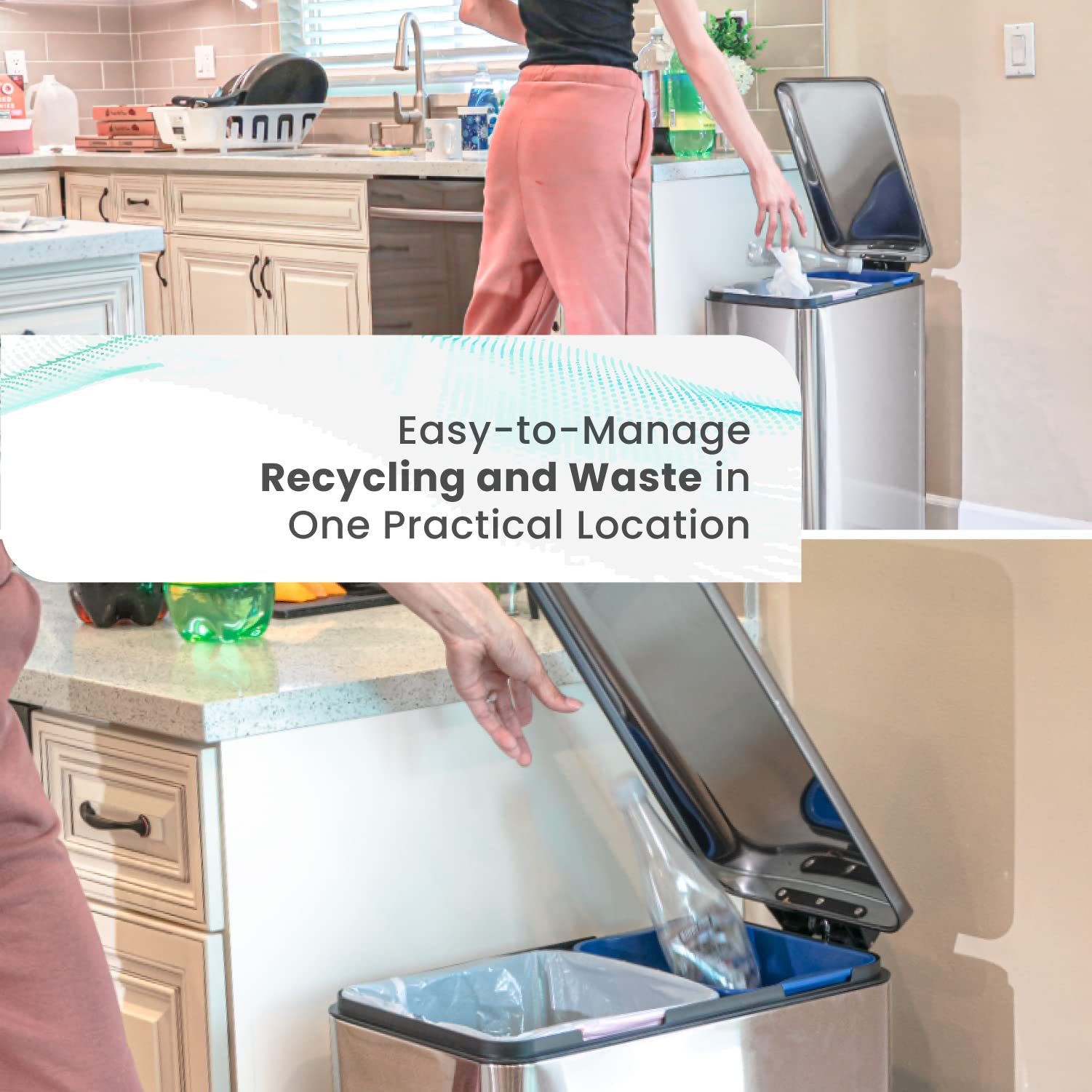 Home Zone Living 13 Gallon Kitchen Trash Can, Dual Compartment Recycle Combo, Slim Body Stainless Steel Design, 50 Liter Total Capacity