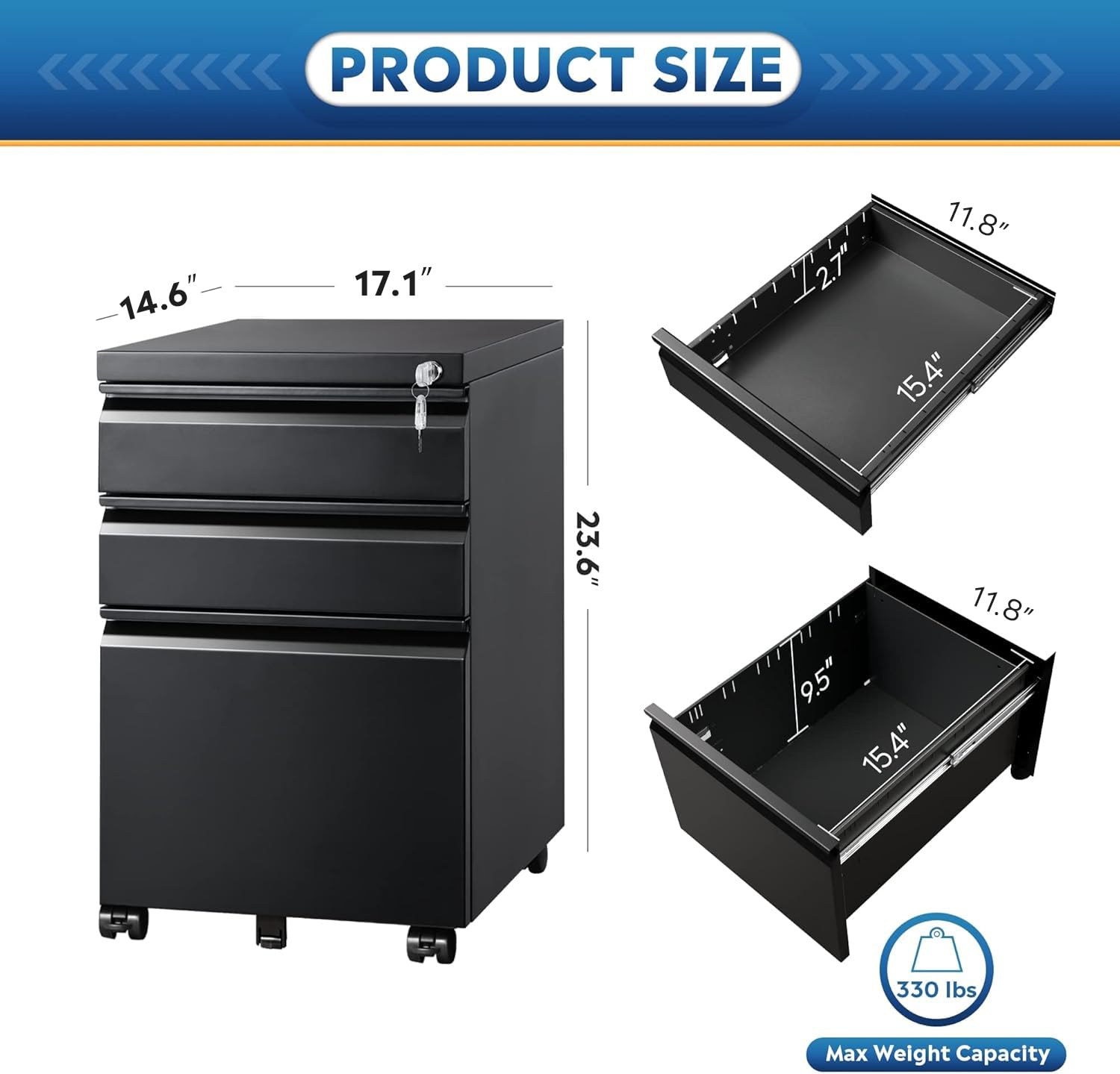 DEVAISE 3 Drawer Mobile File Cabinet with Lock, Under Desk Metal Filing Cabinet for Legal/Letter/A4 File, Fully Assembled Except Wheels, Black