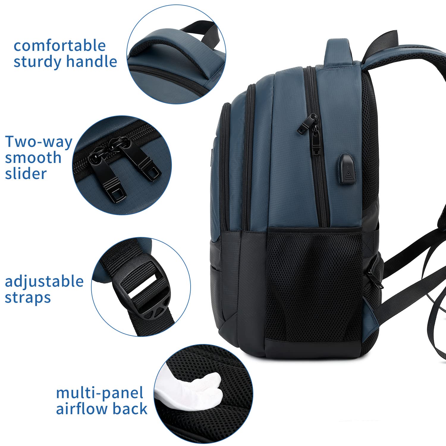QinVi Travel Laptop Backpack College School Book Bag With USB Charging Port Durable Waterproof Anti Theft Computer 15.6inch Backpacks Fits Gifts For Youth Men & Women Blue