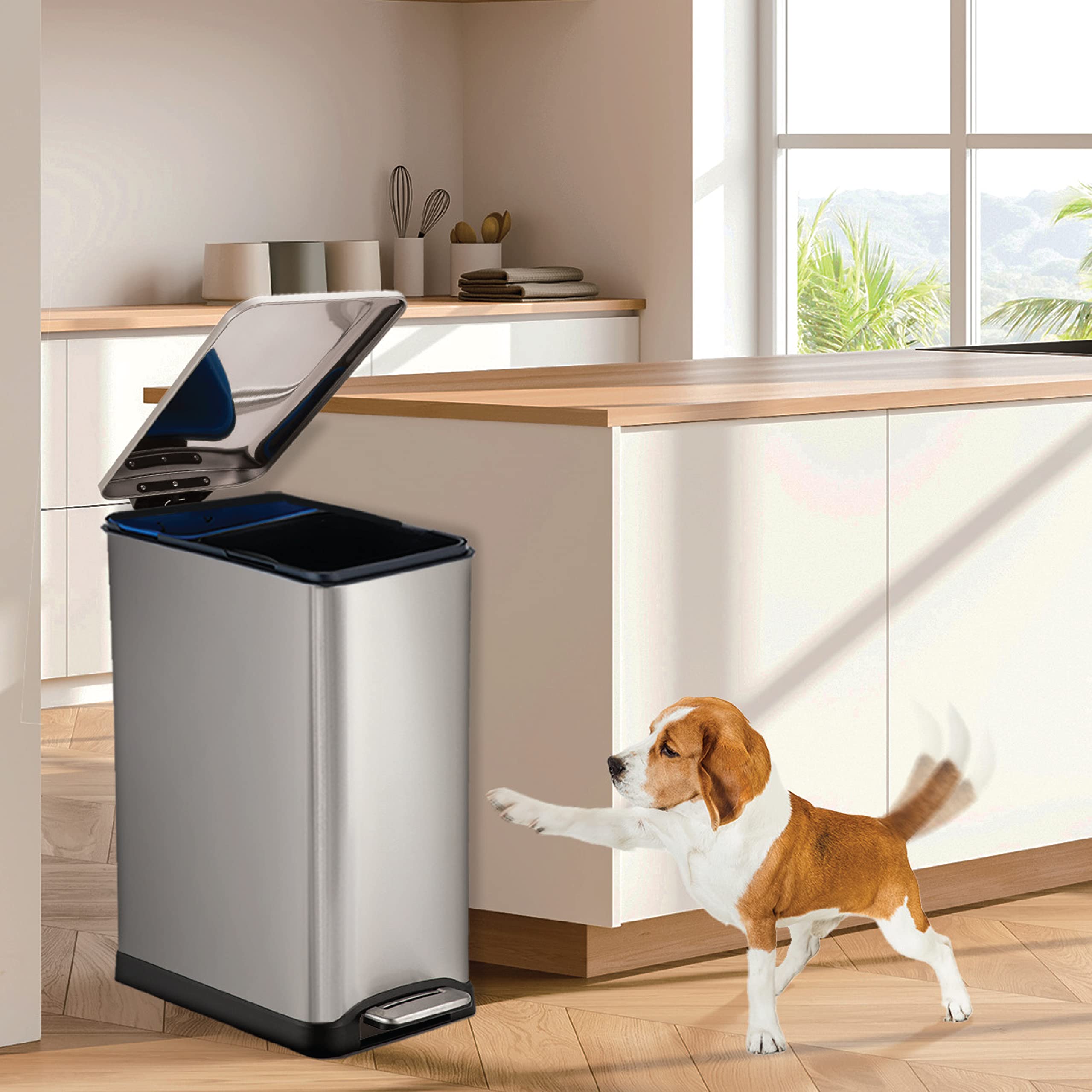 Home Zone Living 13 Gallon Kitchen Trash Can, Dual Compartment Recycle Combo, Slim Body Stainless Steel Design, 50 Liter Total Capacity