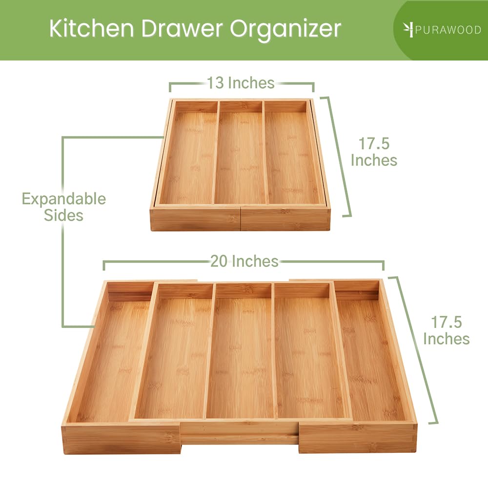 Premium Bamboo Silverware Organizer - Expandable Kitchen Drawer Organizer and Utensil Organizer, Perfect Size Cutlery Tray with Drawer Dividers for Kitchen Utensils and Flatware (3-5 Slots) (Natural)