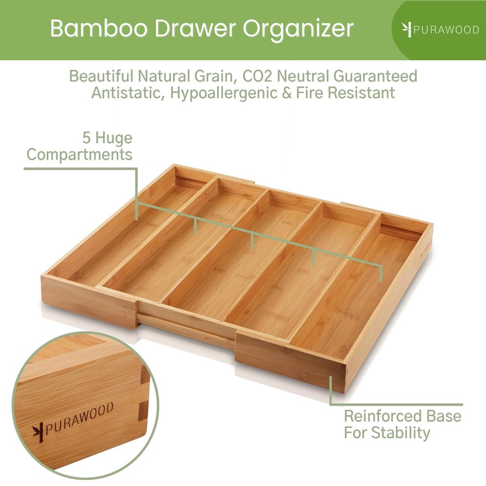 Premium Bamboo Silverware Organizer - Expandable Kitchen Drawer Organizer and Utensil Organizer, Perfect Size Cutlery Tray with Drawer Dividers for Kitchen Utensils and Flatware (3-5 Slots) (Natural)