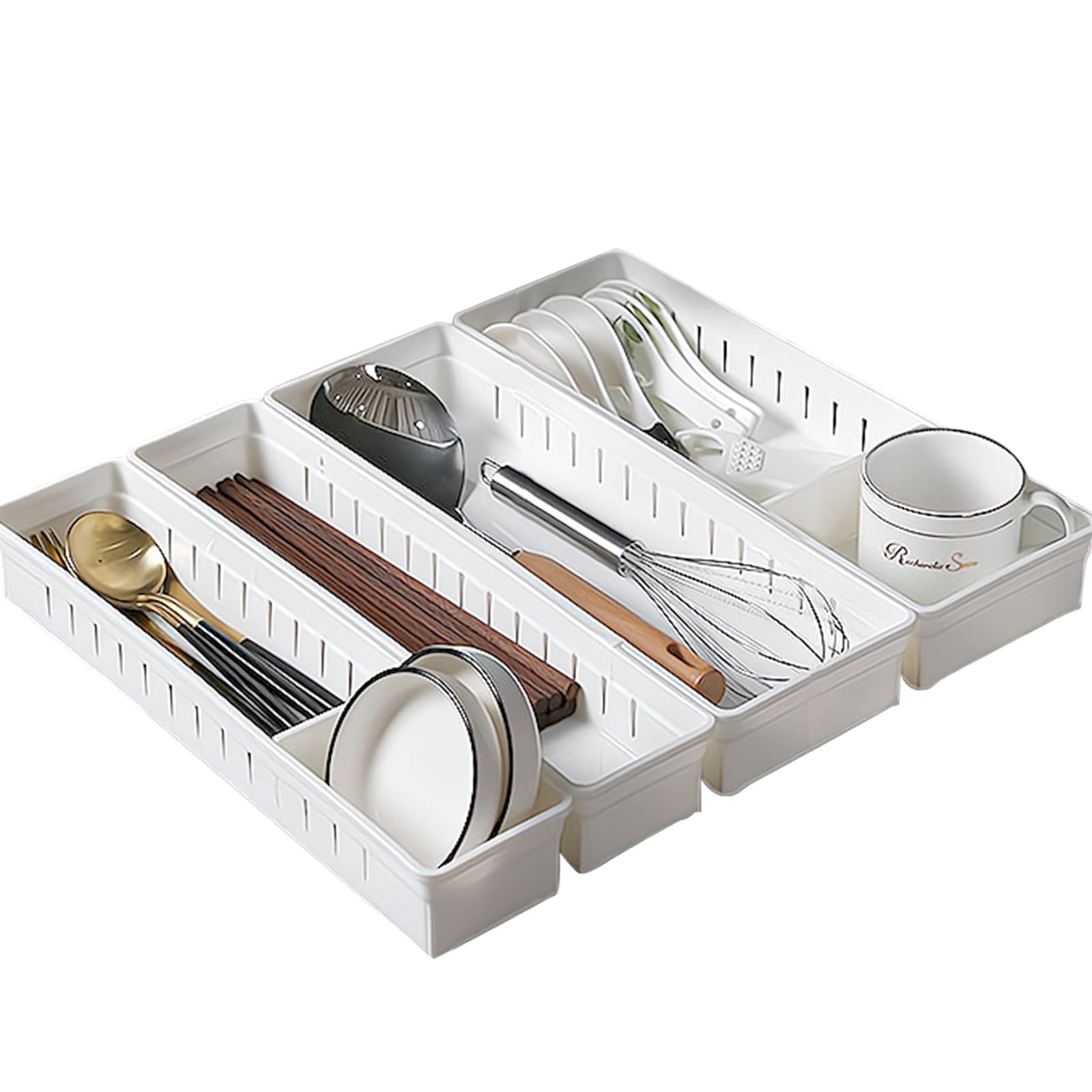 hisucbetter silverware tray for drawer, utensil organizer Set of 4, Plastic drawer organization for kitchen, bathroom, cloakroom, and office (White).
