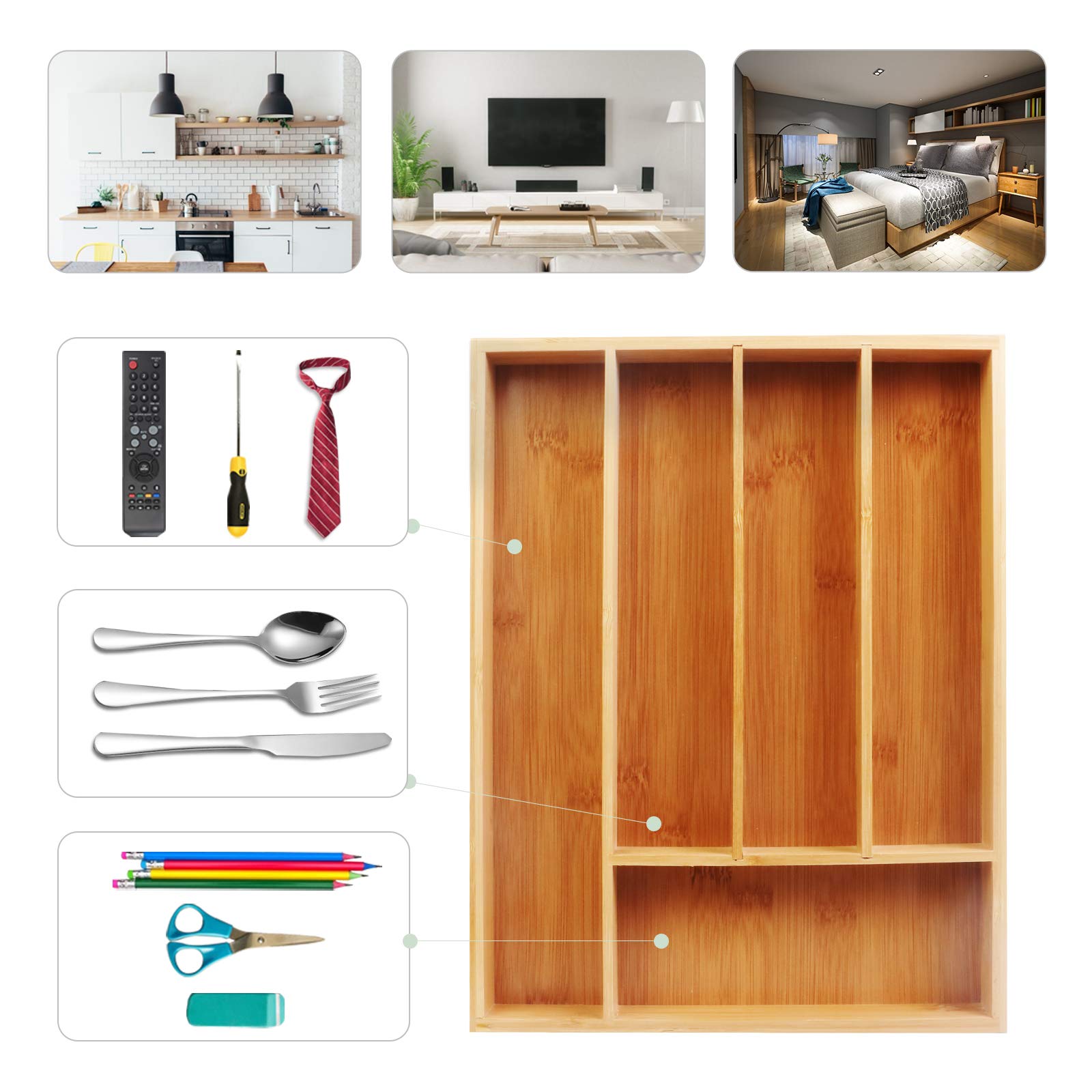 KAKUNM Kitchen Utensil Drawer Organizer Bamboo Silverware Organizer 13Inches Utensil Holder for Drawers Silverware Tray with 2pcs Insulation Pads ,Makeup Desk,Office,Living Room