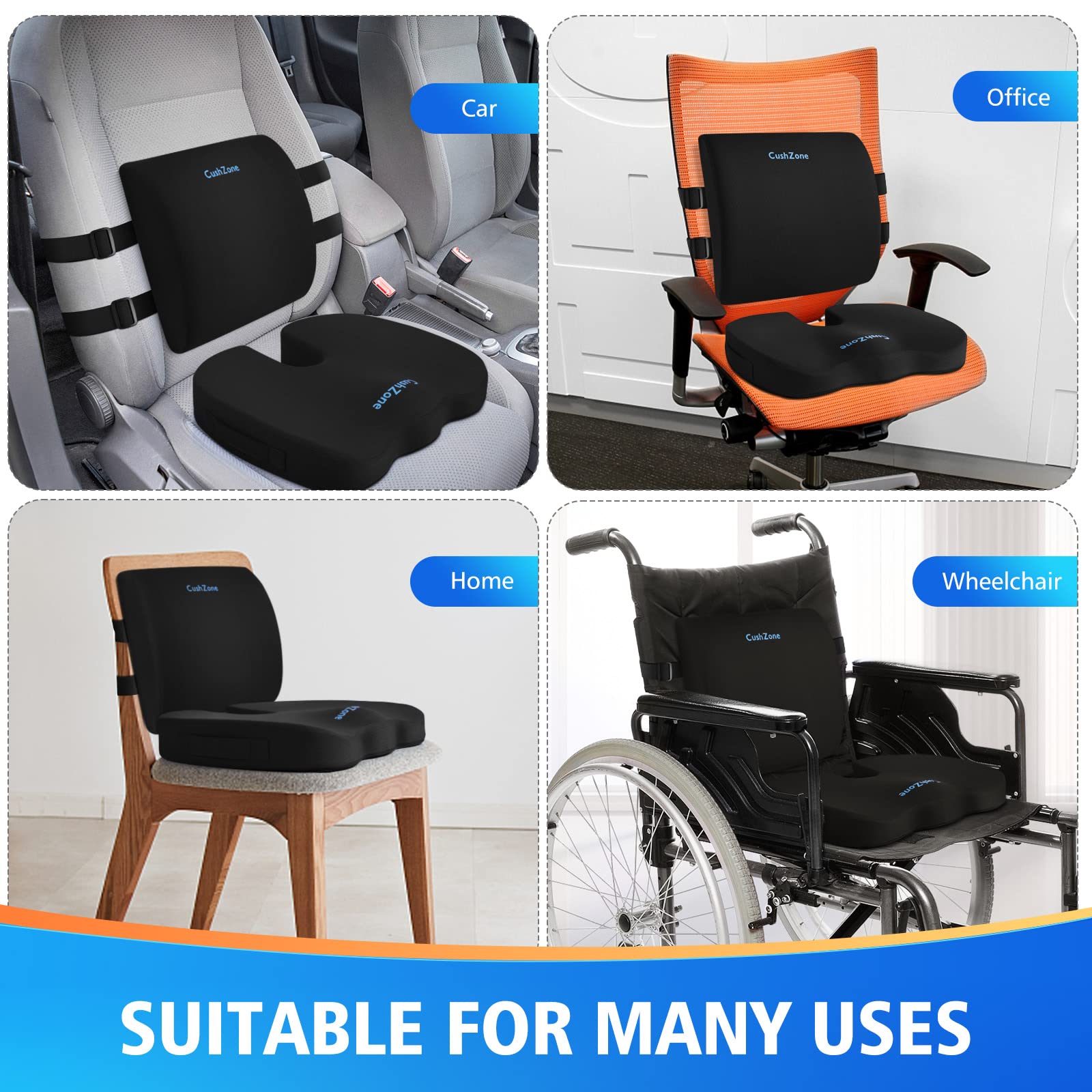 CushZone Seat Cushion, Lumbar Support Pillow with Adjustable Strap-Chair Cushions for Sciatica Pain Relief-with Washable Cover Memory Foam for Car, Travel and Wheelchair-Black