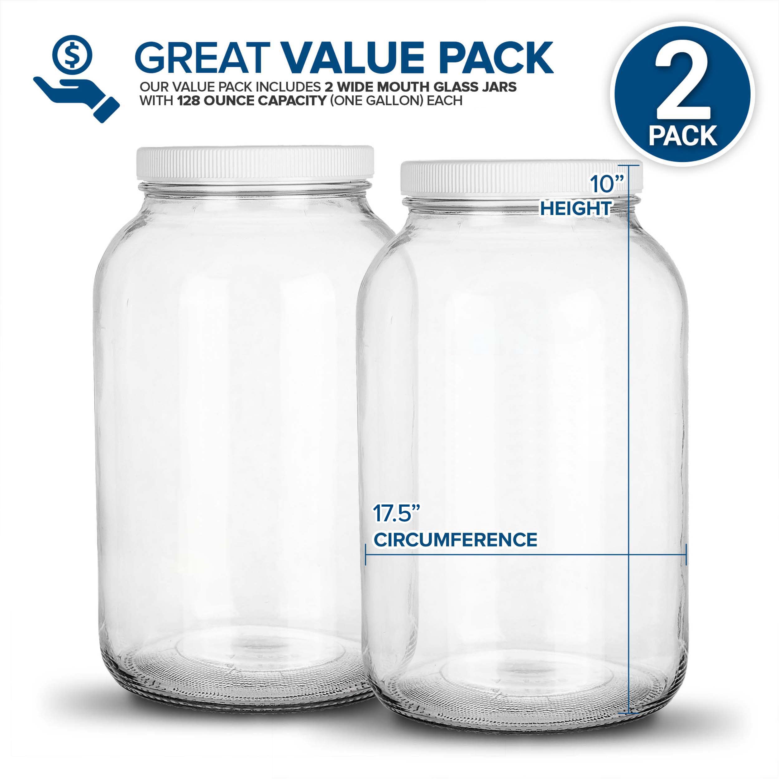 Stock Your Home 128 Oz Glass Jar with Plastic Airtight Lid (2 Pack) - 1 Gallon Glass Jar for pickling, fermentation, brewing, food storage